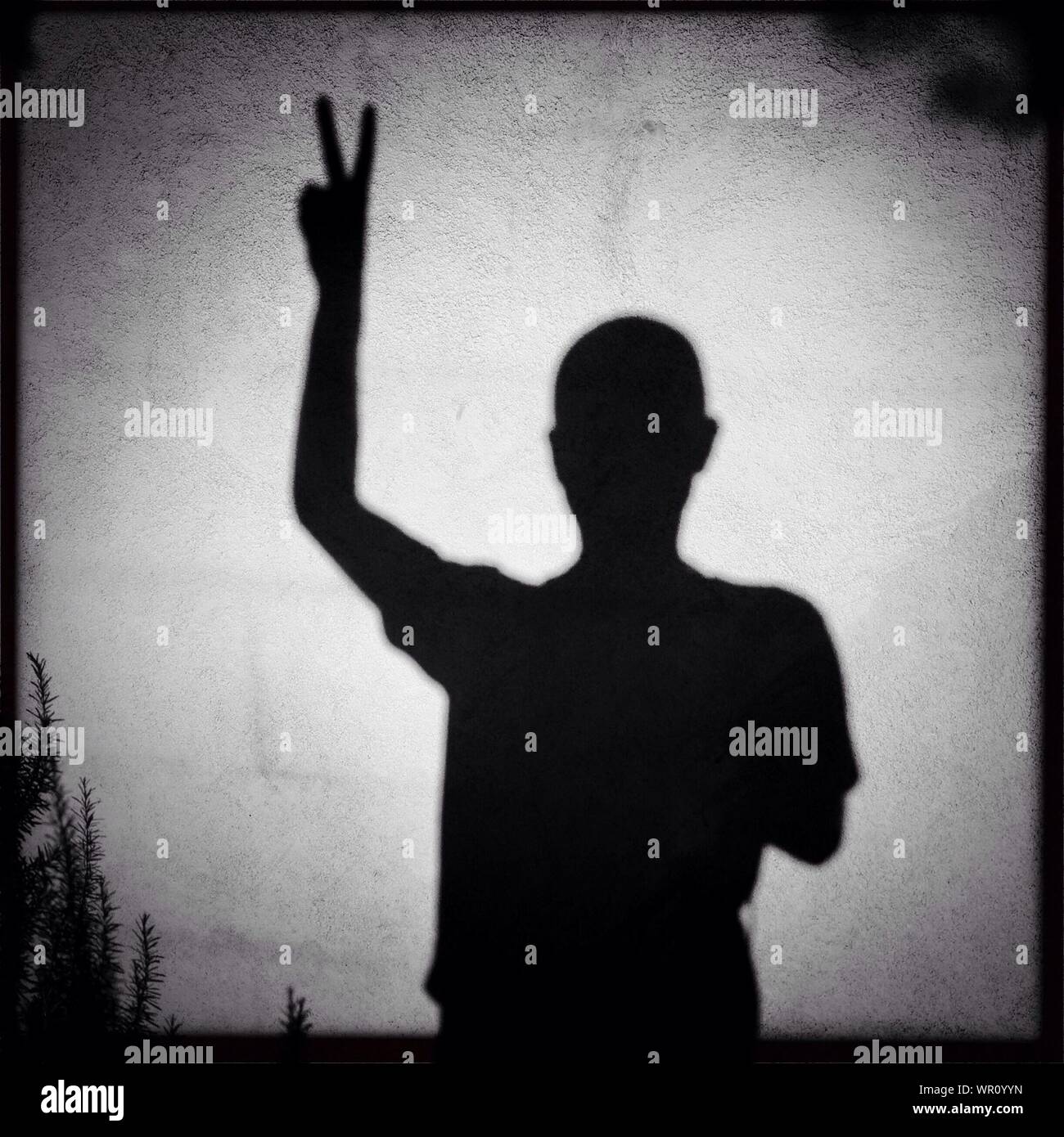 Silhouette Of Man Making Peace Sign Stock Photo - Alamy