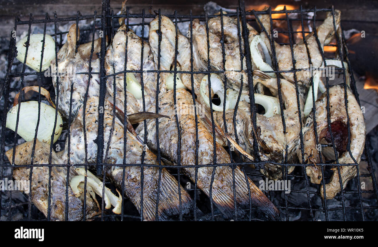 Roast seafood, smoke. fish baked on fire in a barbecue. Nobody Stock ...