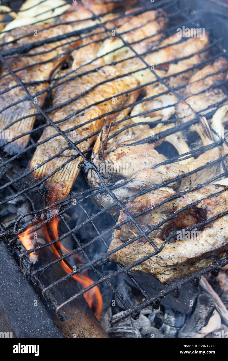 Roast seafood, smoke. fish baked on fire in a barbecue. Nobody Stock ...