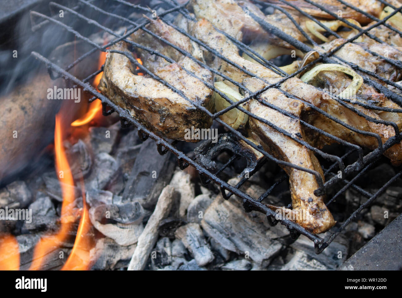 Roast seafood, smoke. fish baked on fire in a barbecue. Nobody Stock ...