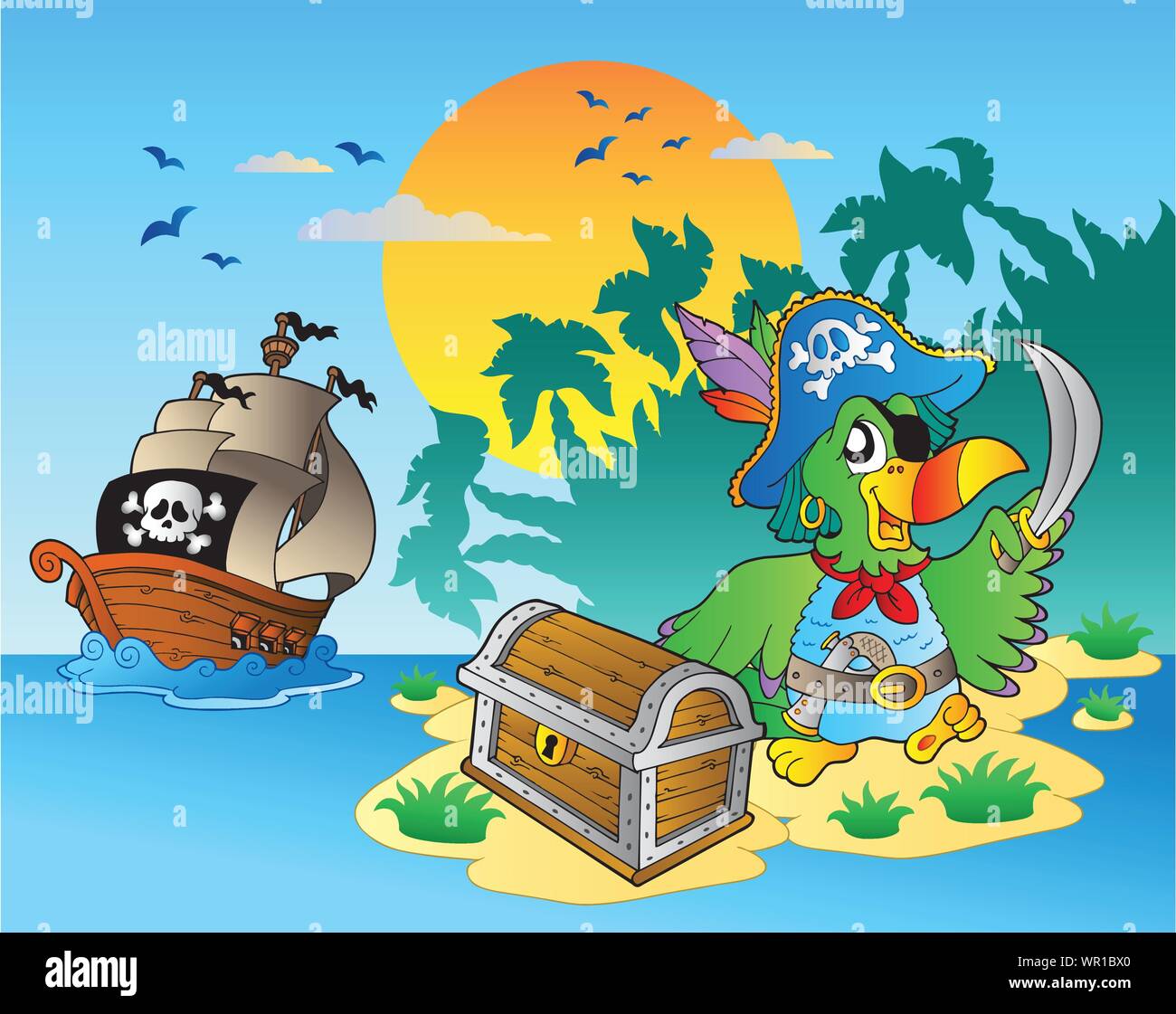 Pirate parrot and chest on island Stock Vector Image & Art - Alamy