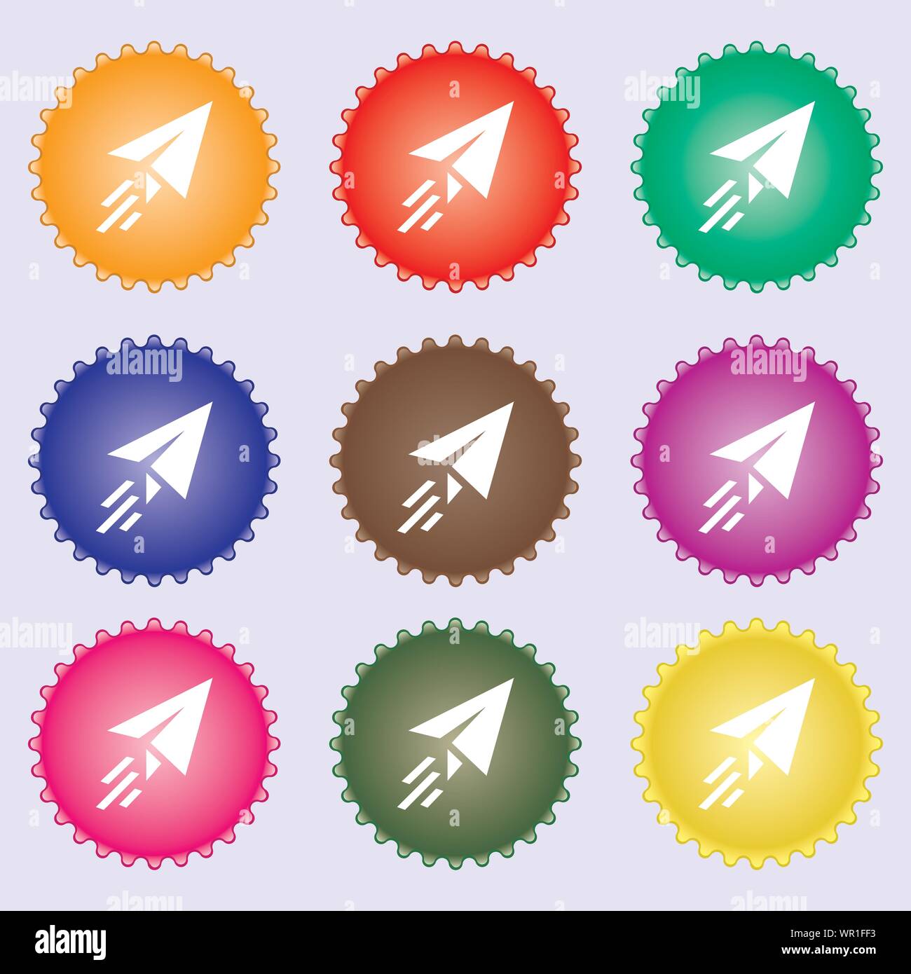 Paper airplane icon sign. A set of nine different colored labels ...