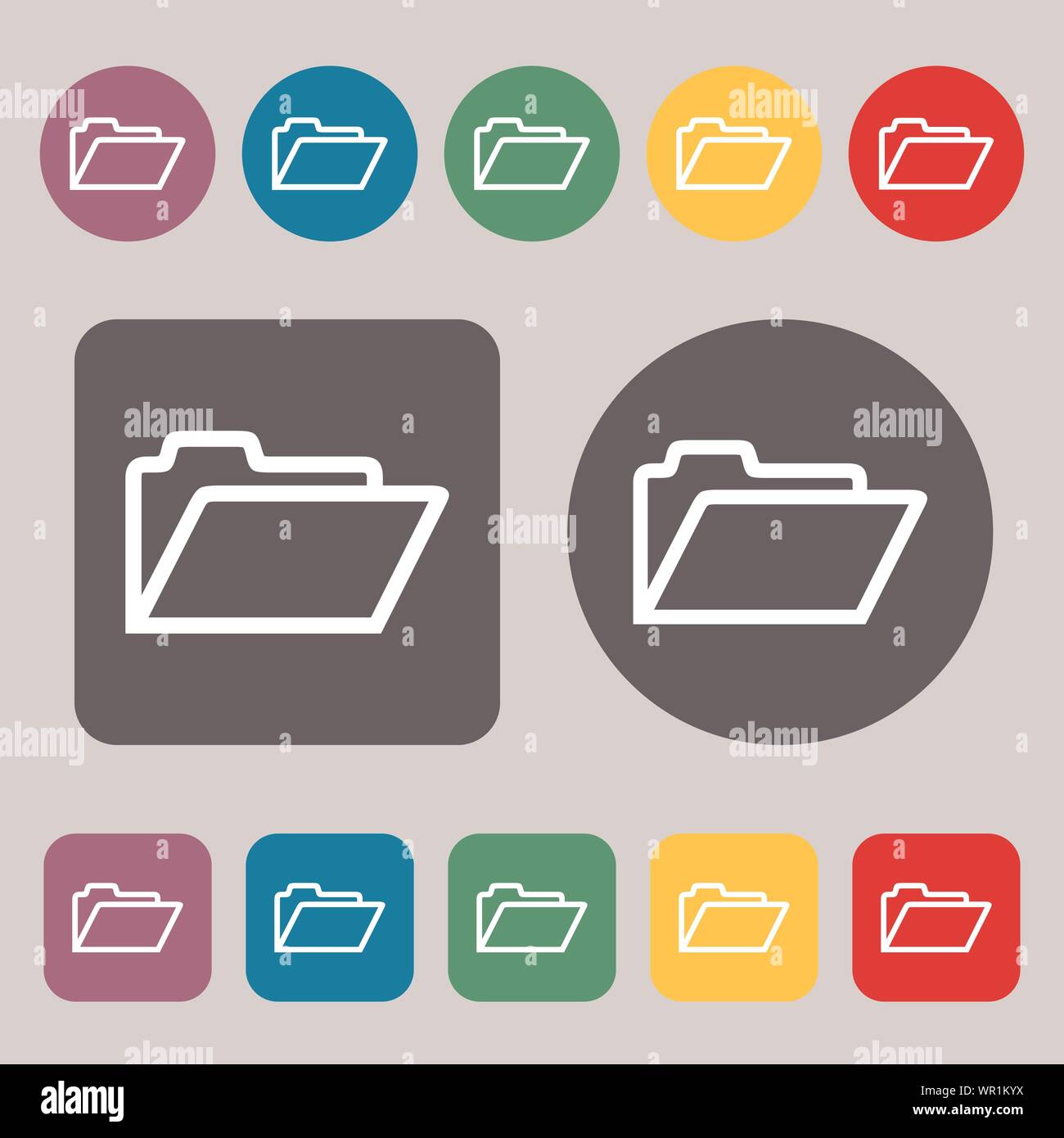 Folder icon sign. A set of 12 colored buttons. Flat design. Vector ...