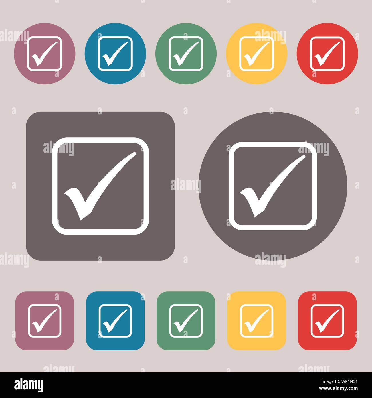 A check mark icon sign. A set of 12 colored buttons. Flat design ...