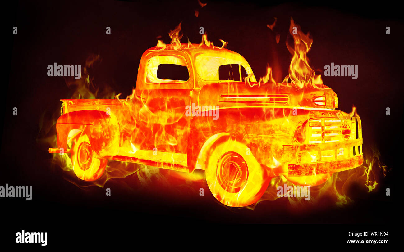 Art illustration of a vintage car burning Stock Photo - Alamy