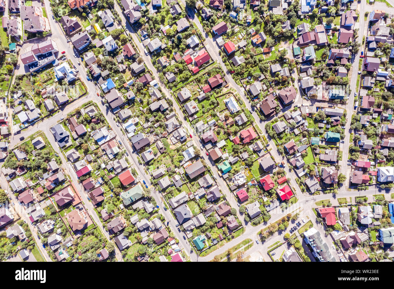 aerial top view of a suburb residential area with houses and gardens ...