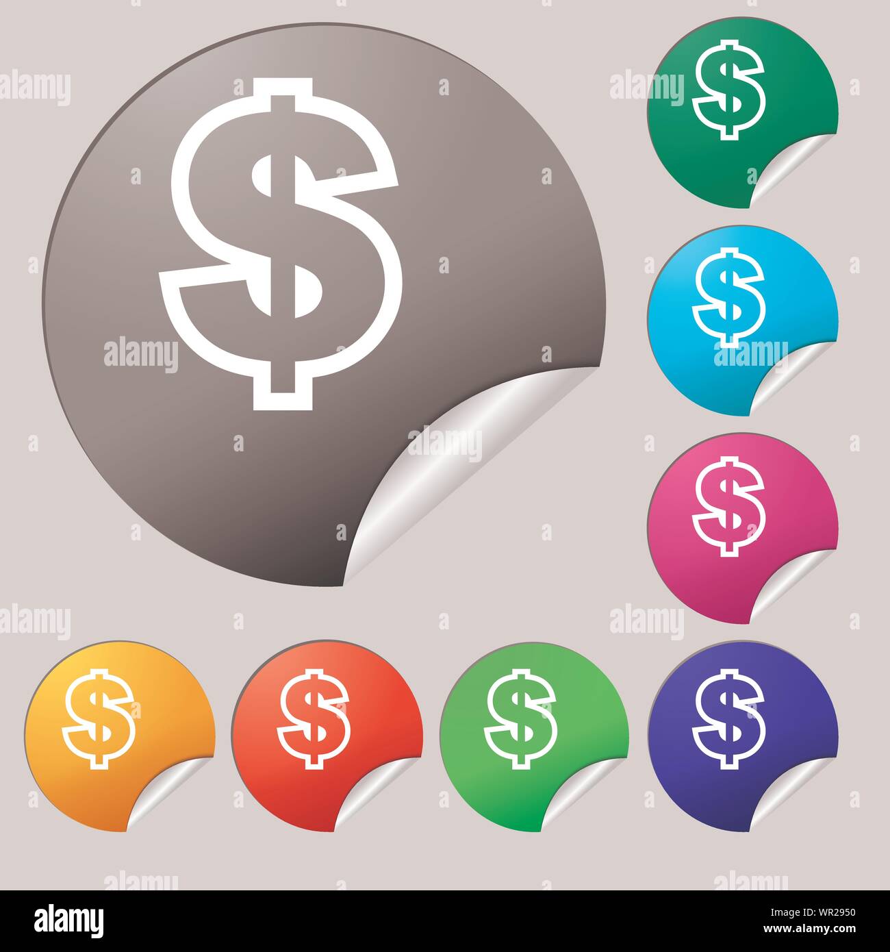 Dollar icon sign. Set of eight multi colored round buttons, stickers ...