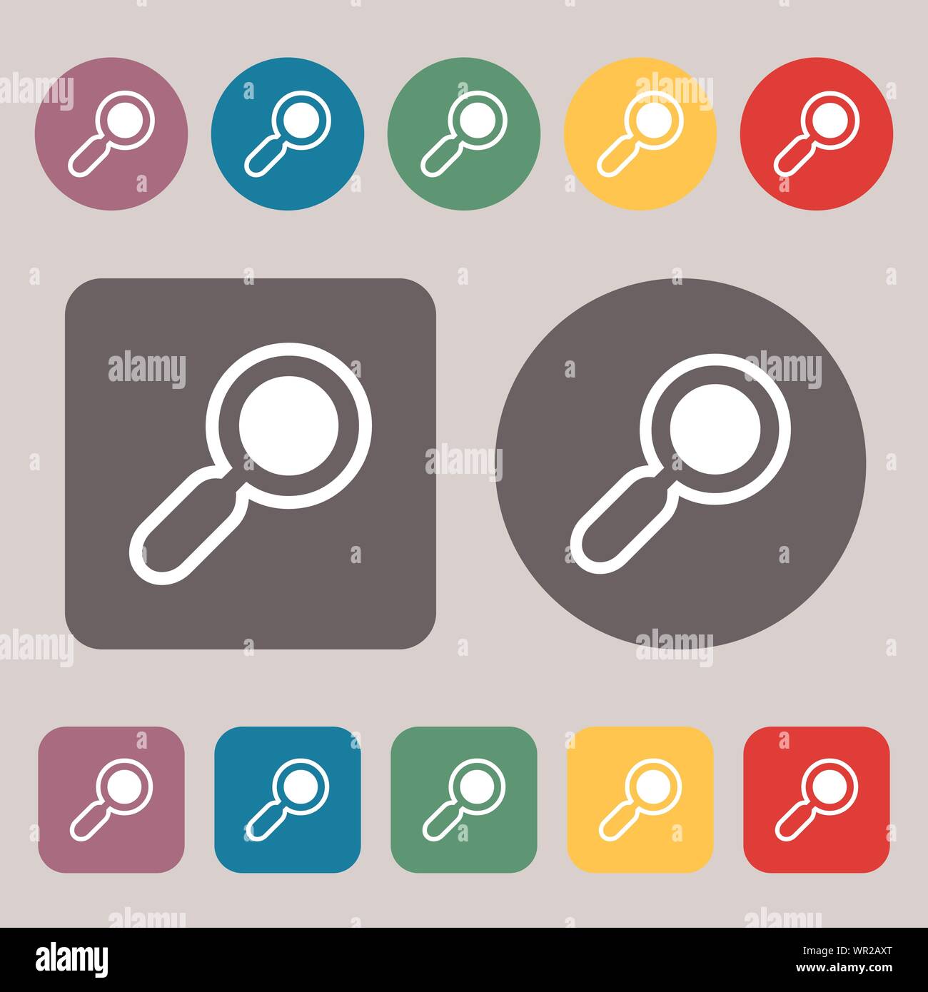 magnifying glass, zoom icon sign. A set of 12 colored buttons. Flat ...