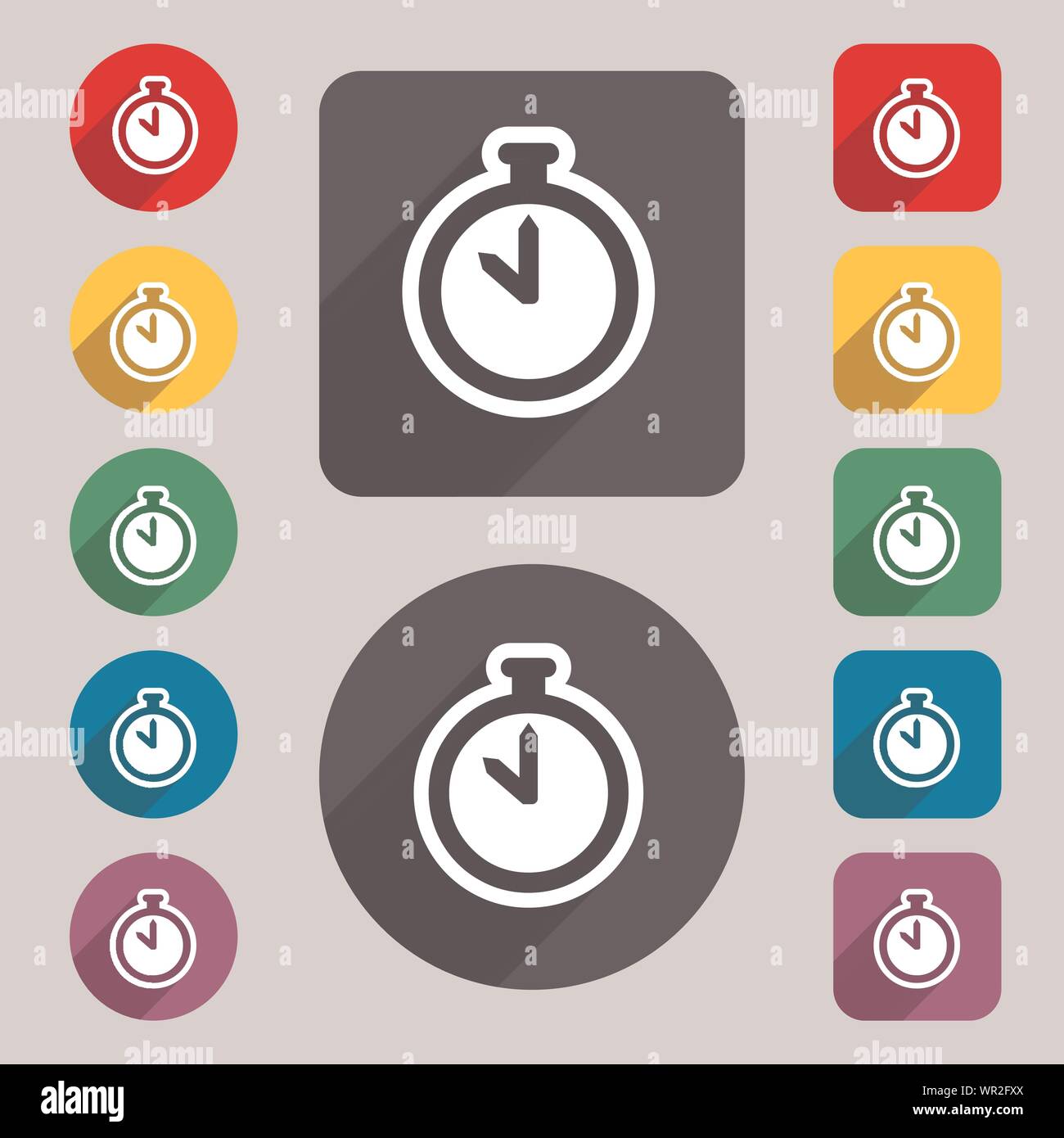 The stopwatch icon sign. A set of 12 colored buttons and a long shadow ...