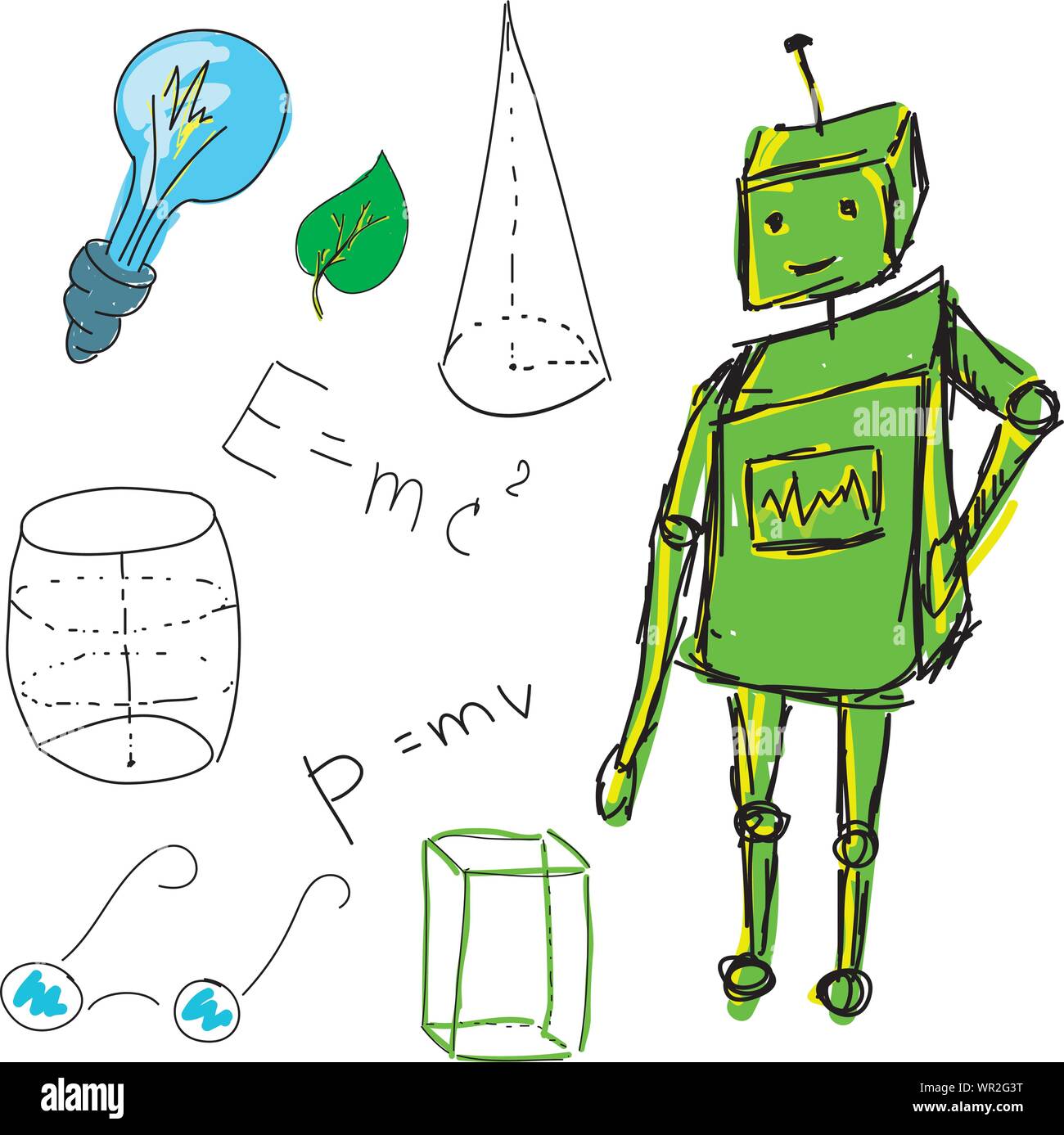 Drawn picture with physics stuff and robot. Vector illustration Stock ...