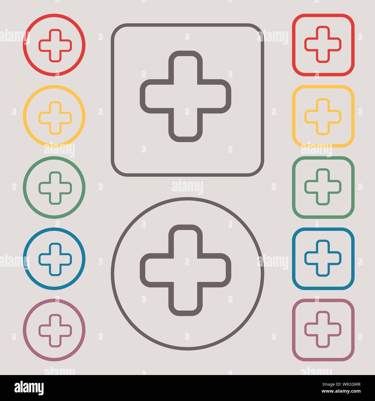 Plus icon sign. symbol on the Round and square buttons with frame ...