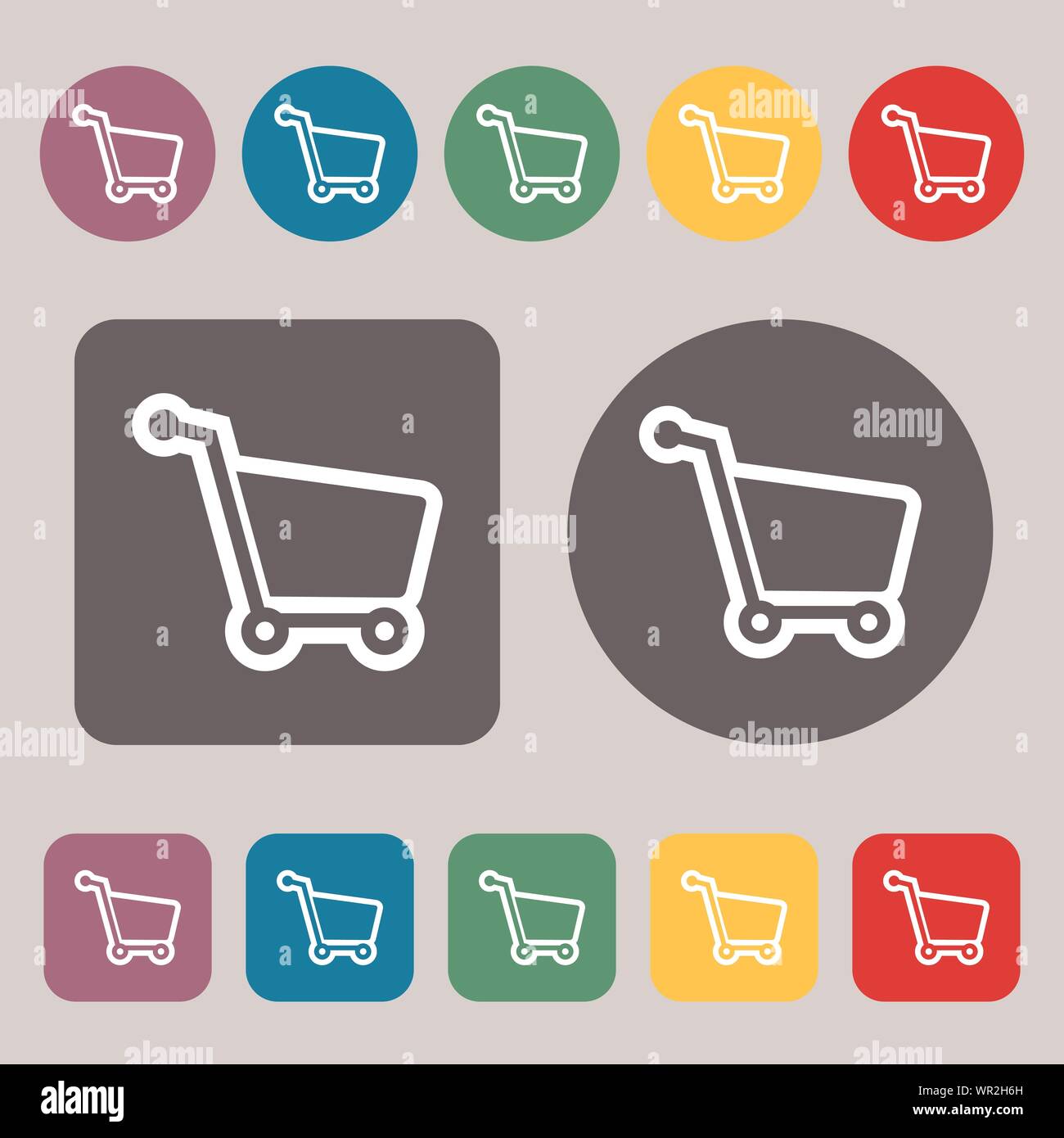 Shopping cart icon sign. A set of 12 colored buttons. Flat design ...