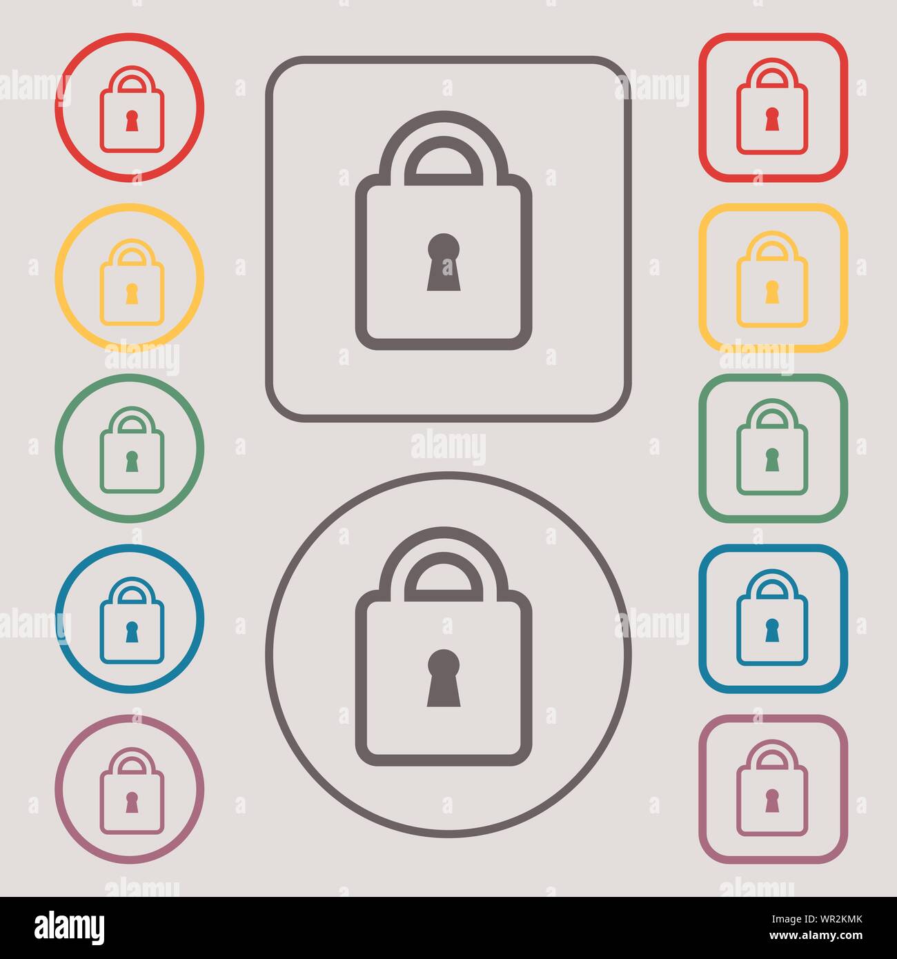 Lock icon sign. symbol on the Round and square buttons with frame ...