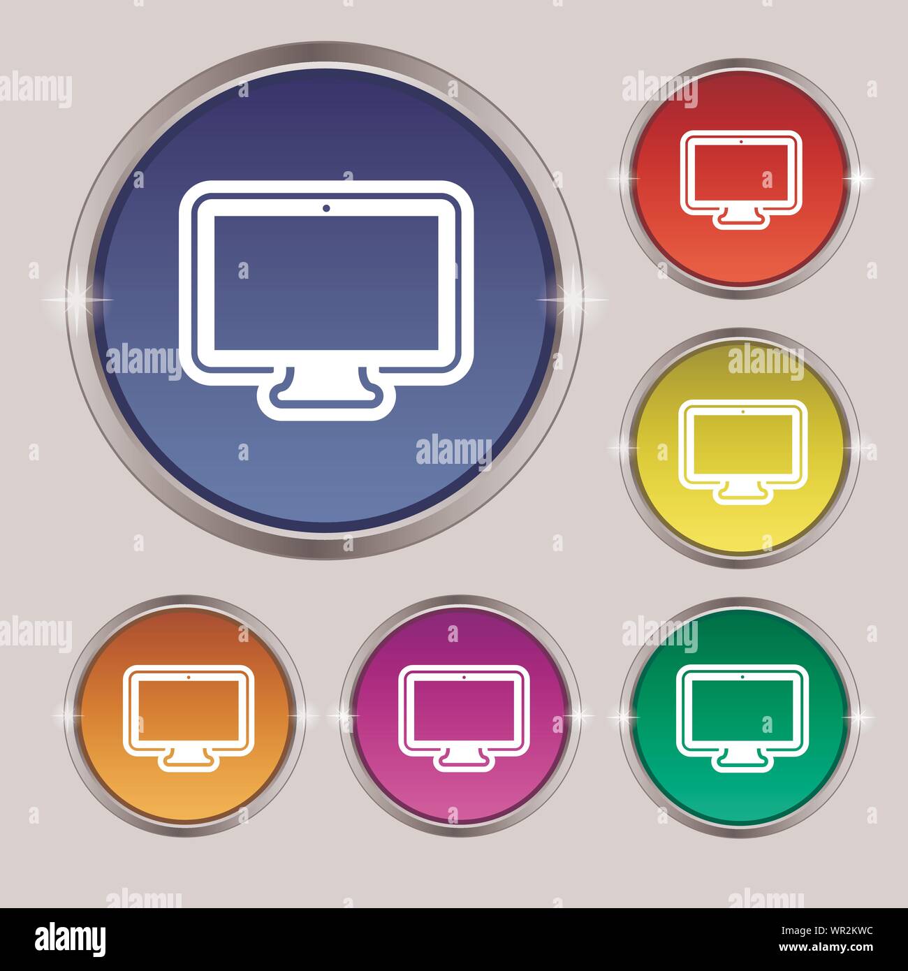 monitor icon sign. Round symbol on bright colourful buttons. Vector ...