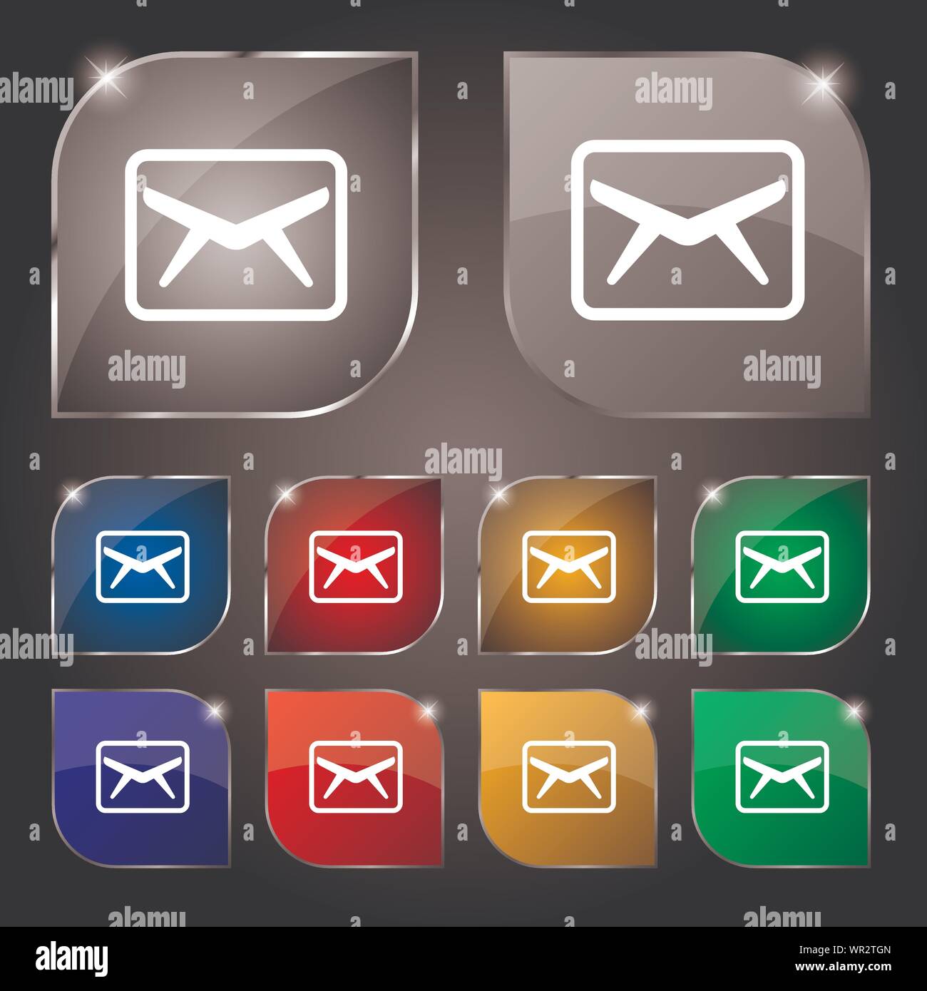 Mail, Envelope, Message icon sign. Set of ten colorful buttons with ...