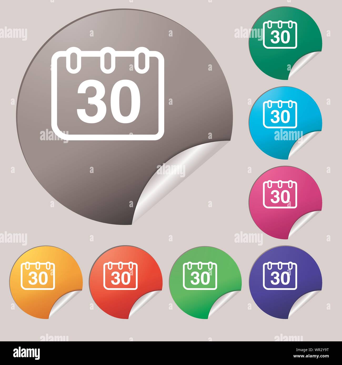 calendar icon sign. Set of eight multi colored round buttons, stickers ...