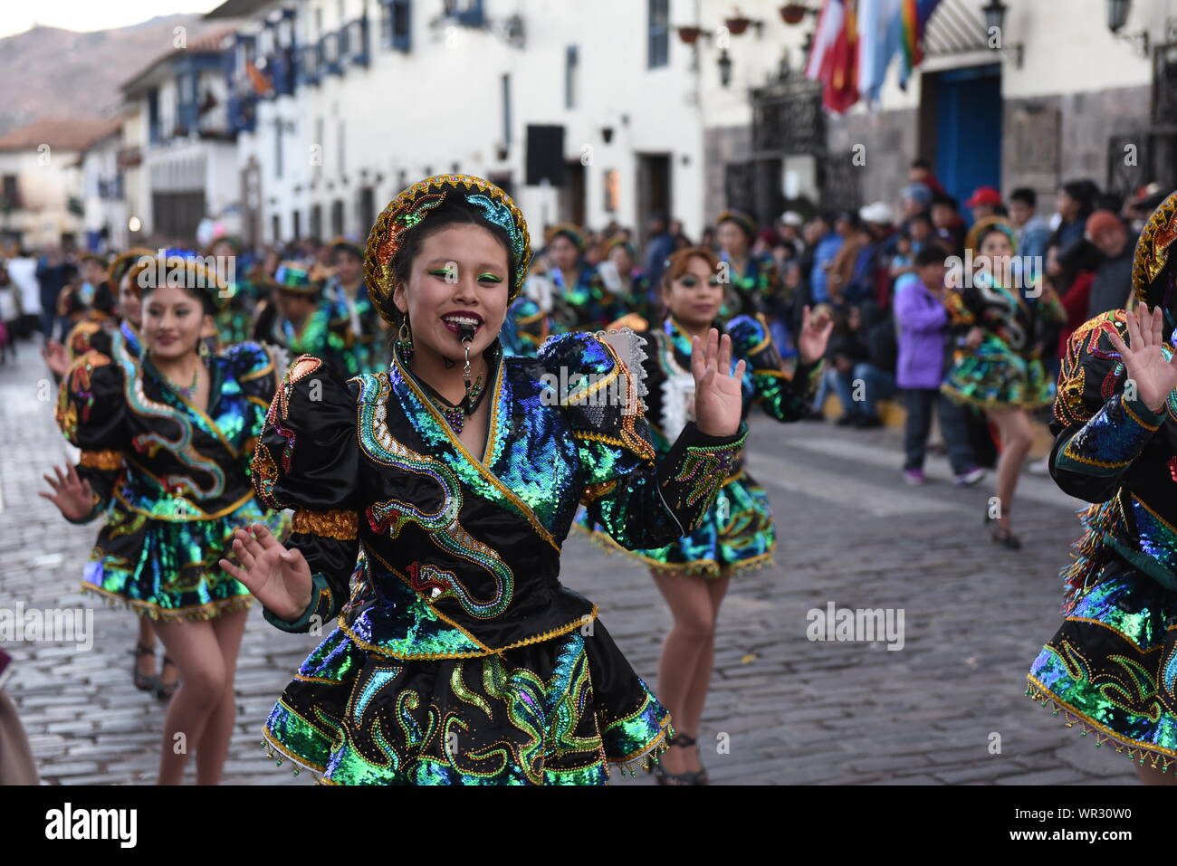 Cusco, Peru. 09th Sep, 2019. Revellers wearing traditional costumes ...