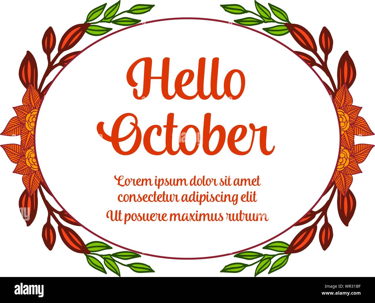 Lettering banner of hello october, with nature leaf floral frame ...