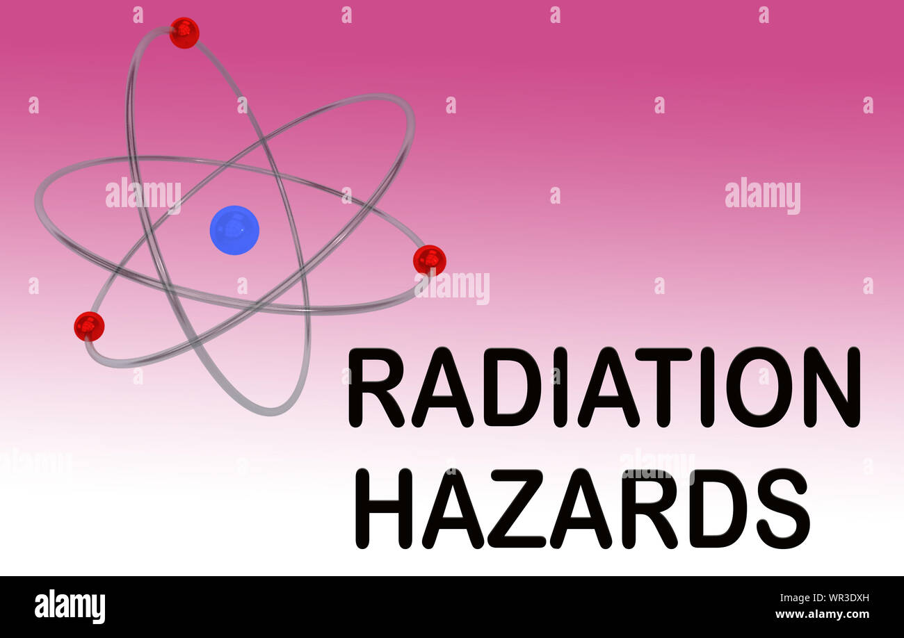 3D illustration of an atom with RADIATION HAZARDS title, isolated on ...