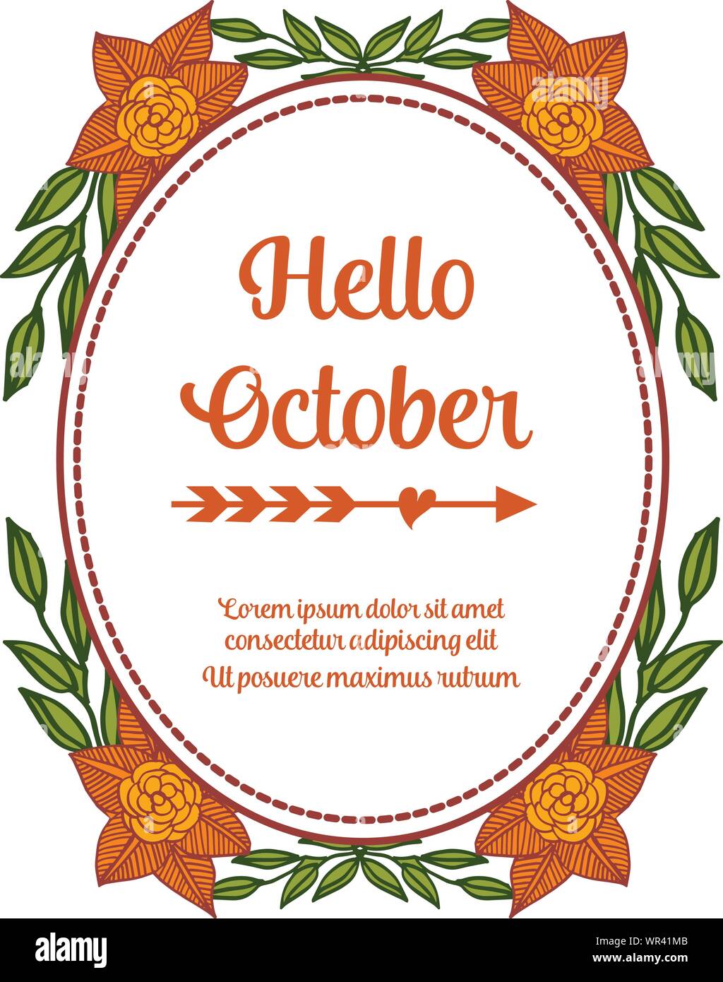 Hello october with decorative of leaf flower frame elegant. Vector ...