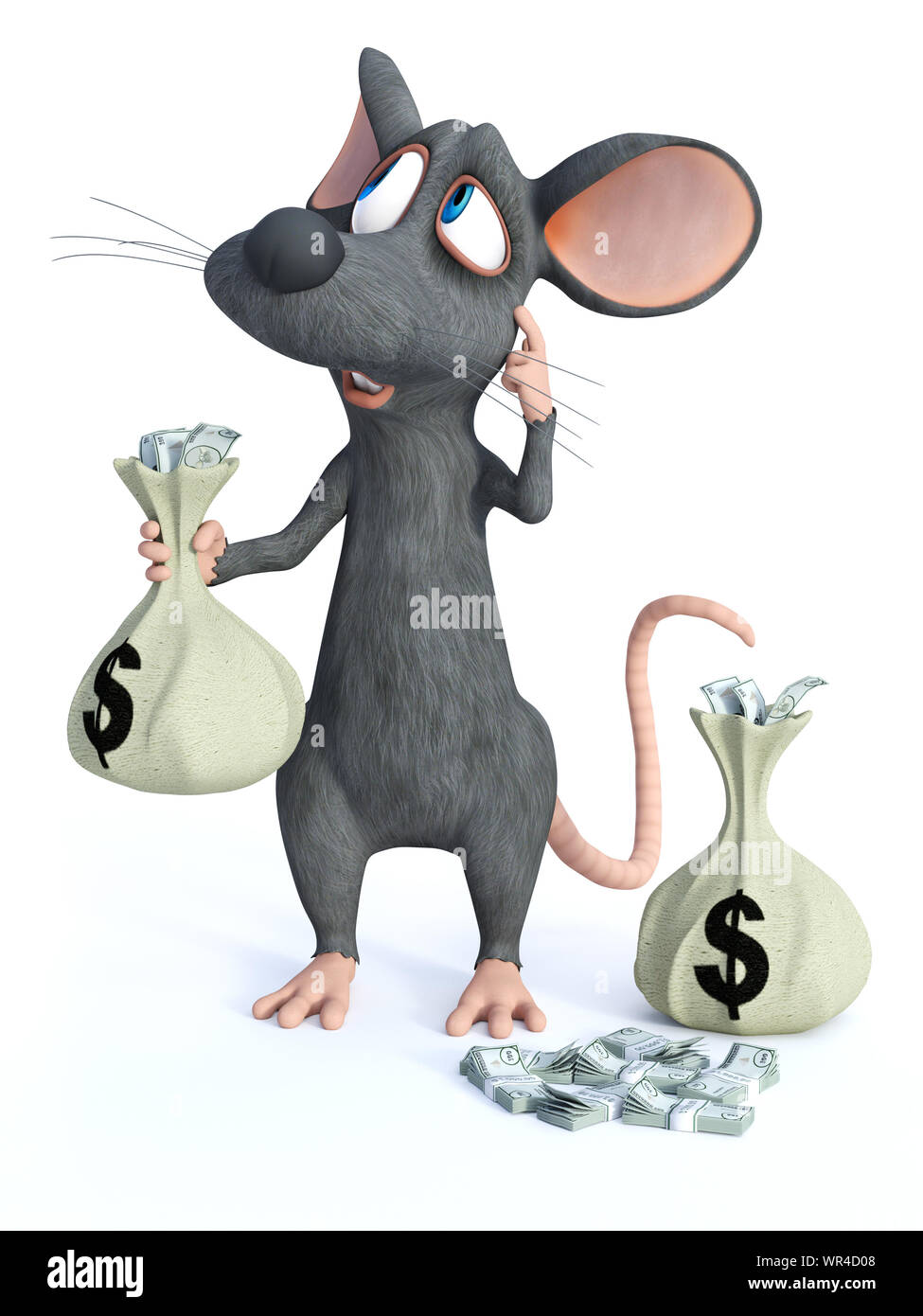 3D rendering of a cute cartoon mouse standing and holding a money bag ...