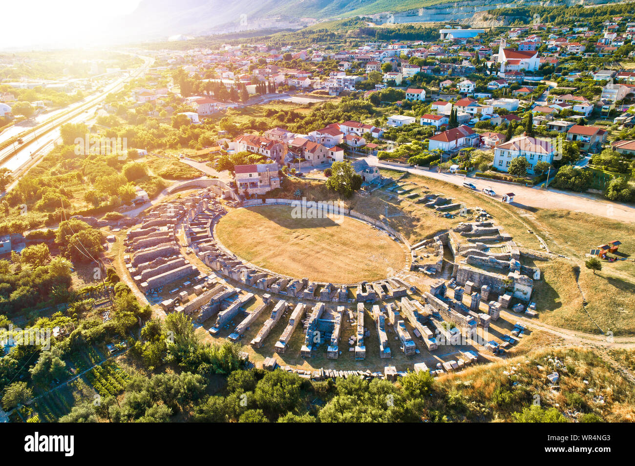 Ancient Salona or Solin amphitheater aerial sunset view, Split region ...
