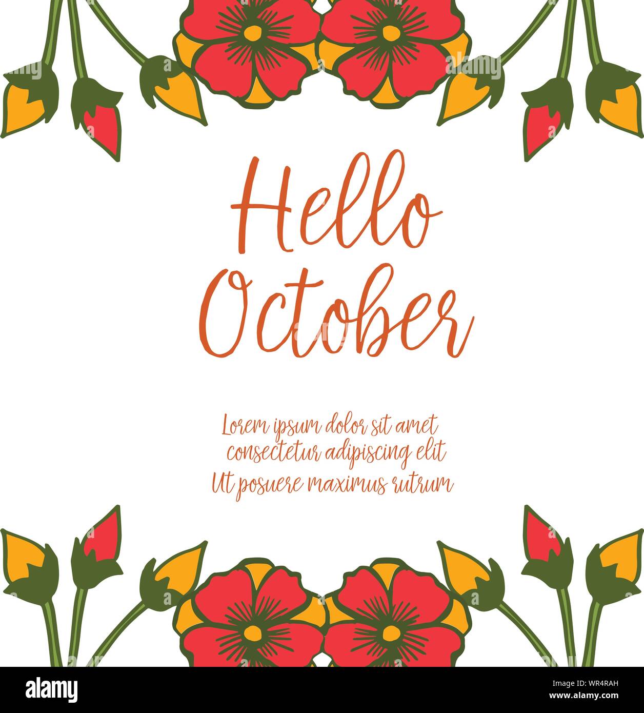 Handdrawn lettering of hello october, with modern colorful floral frame ...