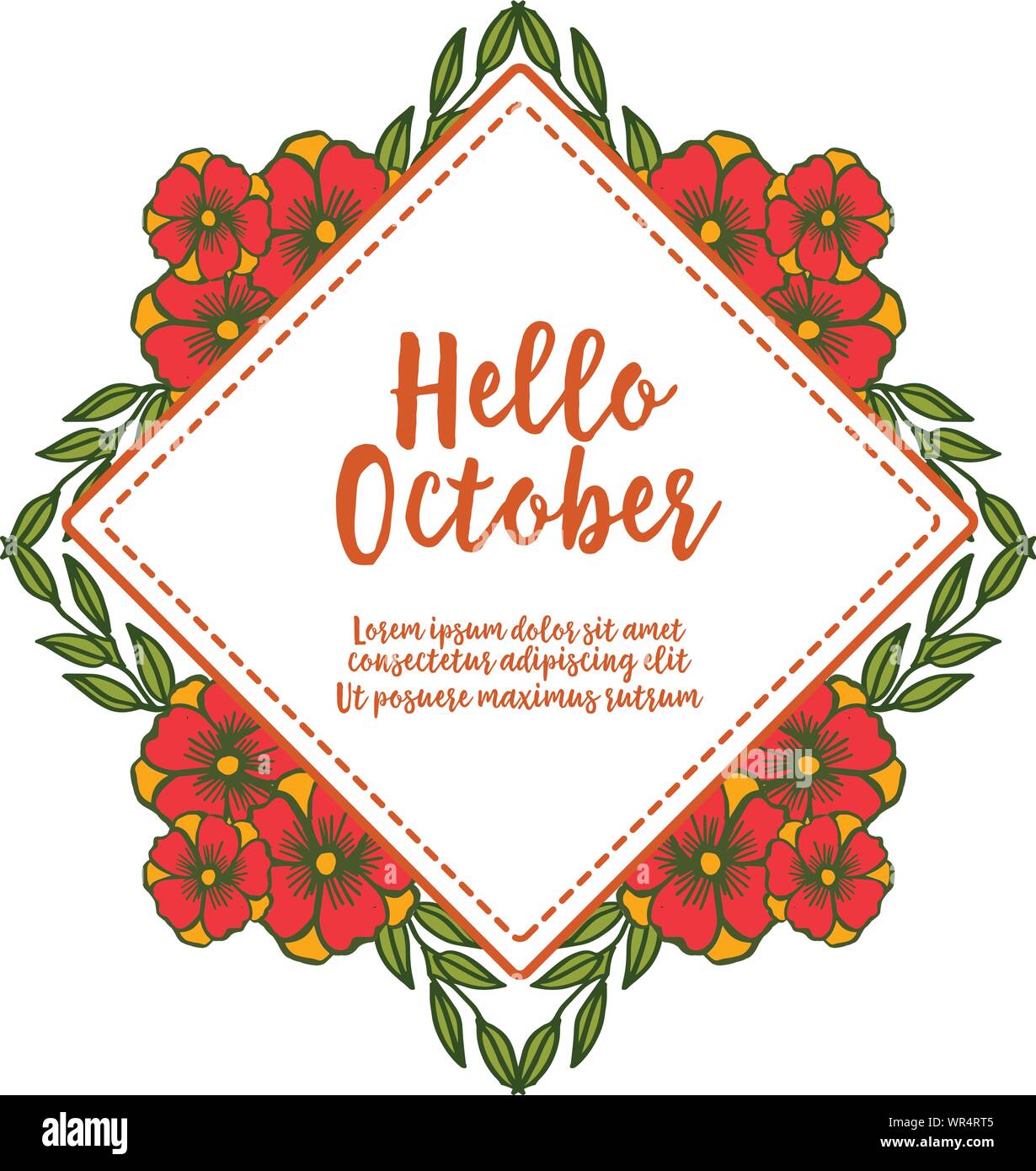 Handdrawn lettering of hello october, with modern colorful floral frame ...