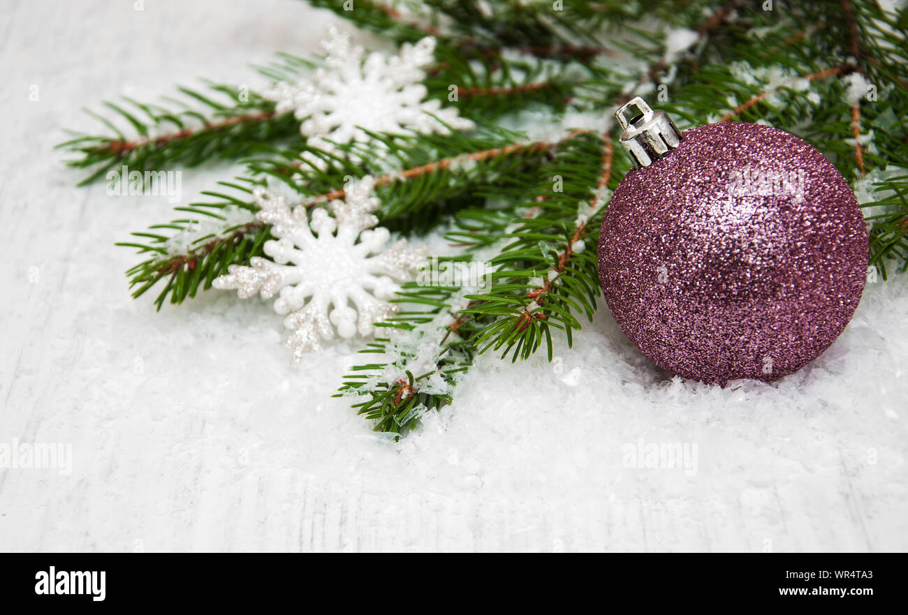 christmas decoration baubles and a branch of pine tree Stock Photo - Alamy