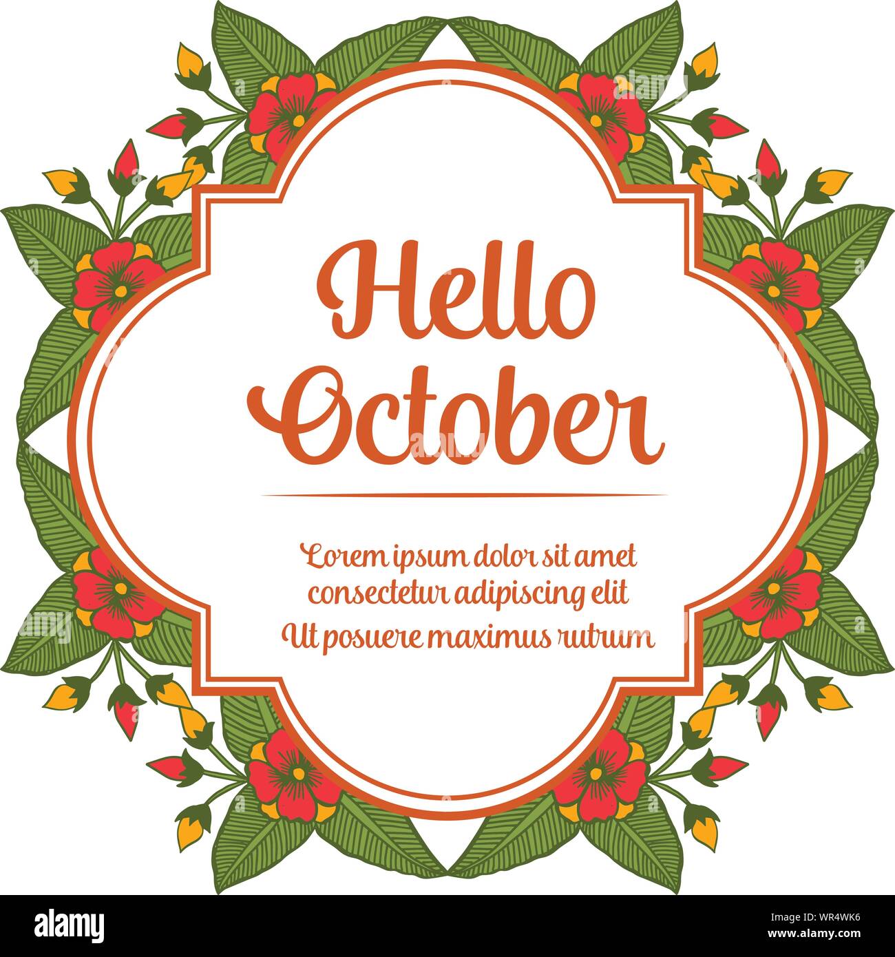Handdrawn lettering of hello october, with modern colorful floral frame ...