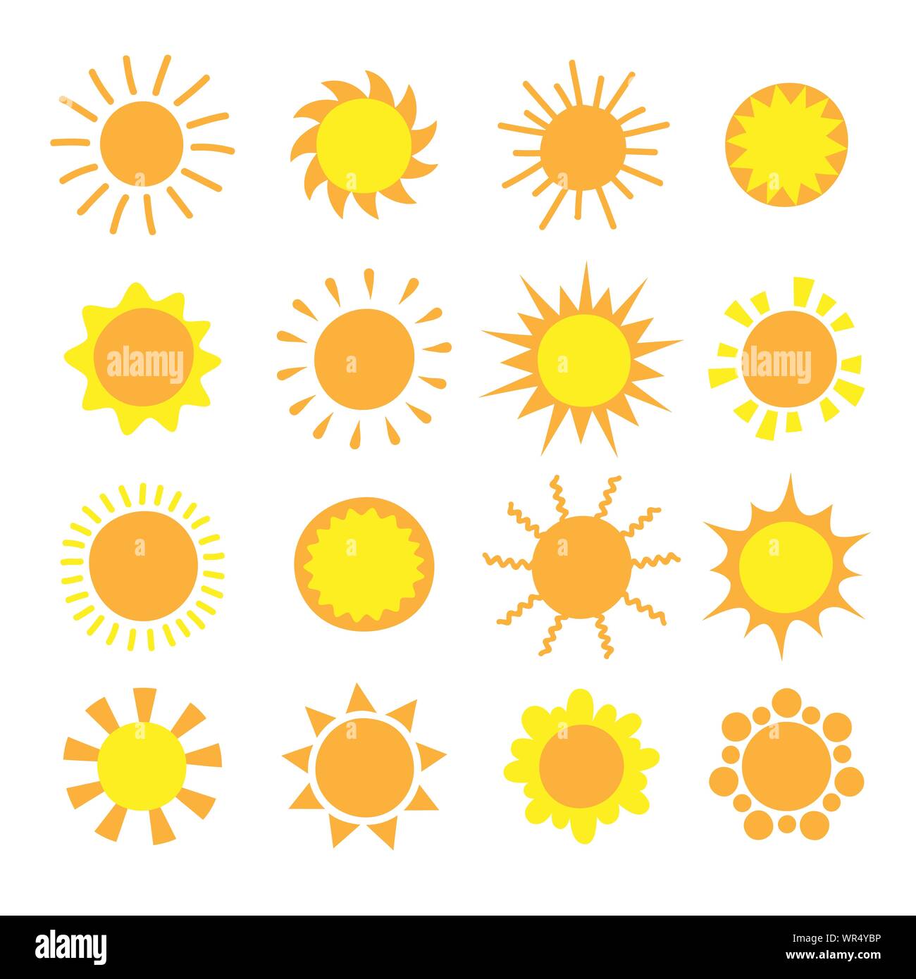 Cartoon sun collection. Yellow glossy sun icons set isolated on white ...