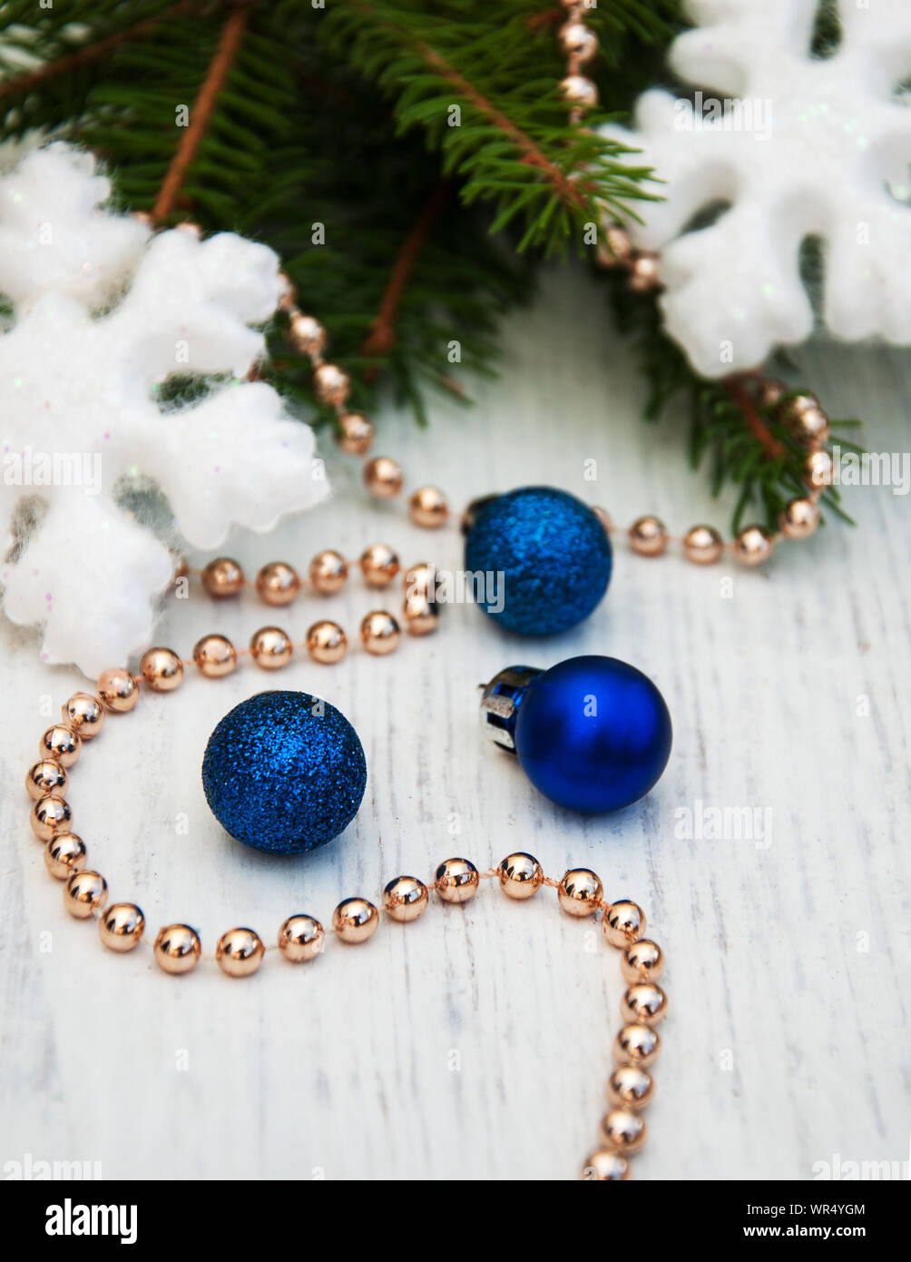 christmas decoration baubles and a branch of pine tree Stock Photo - Alamy