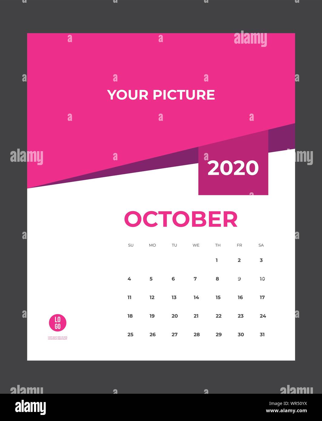 October - 2020 Calendar - illustration. Template. Mock up Week starts ...