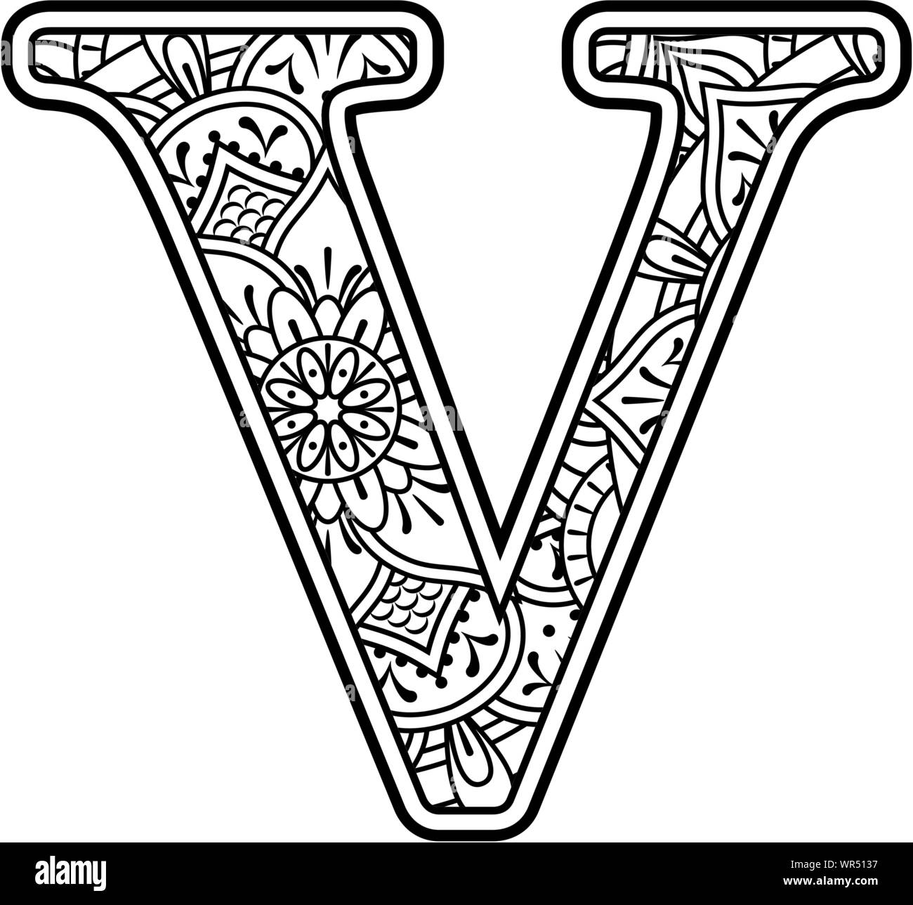 initial v in black and white with doodle ornaments and design elements ...