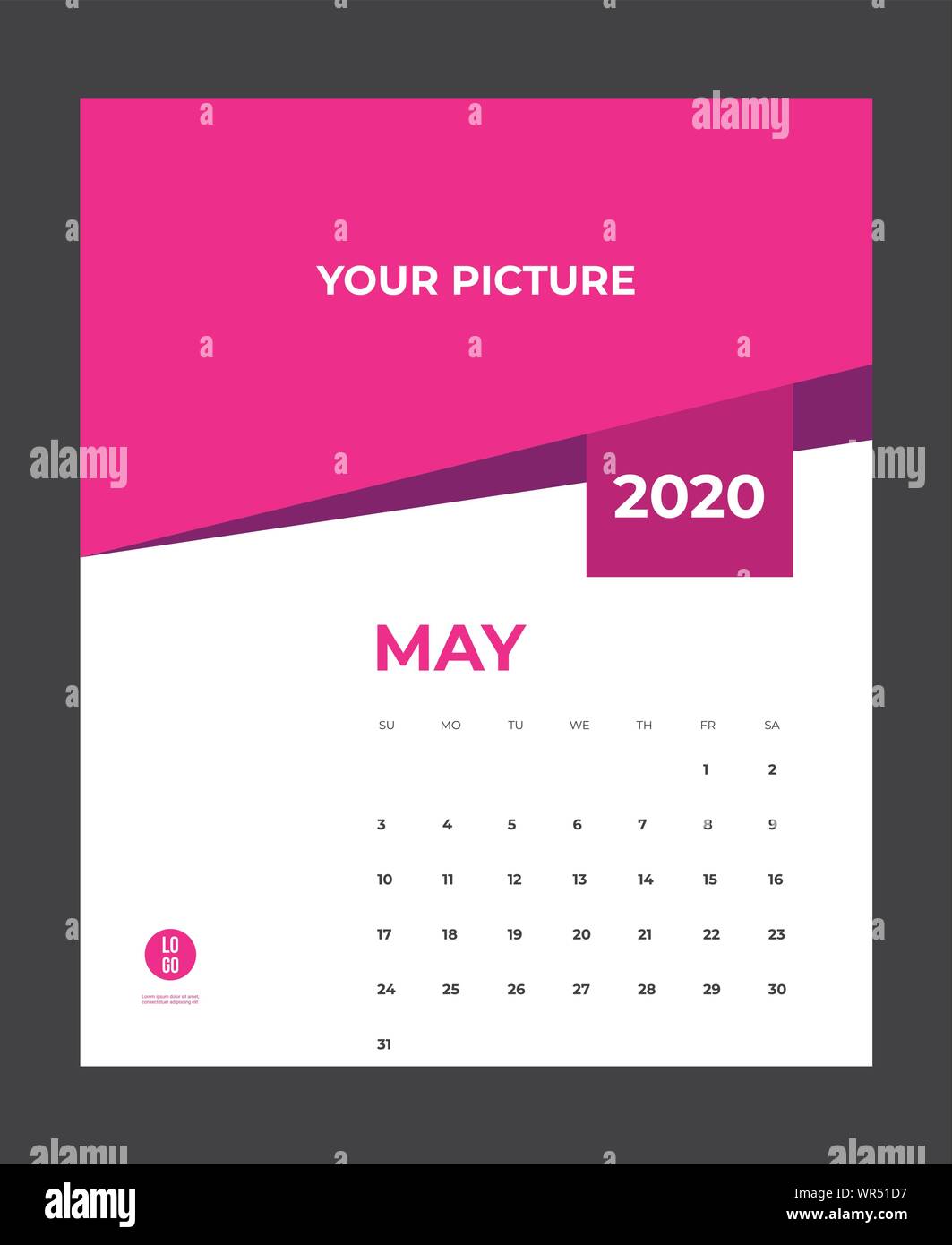 May - 2020 Calendar - illustration. Template. Mock up Week starts ...