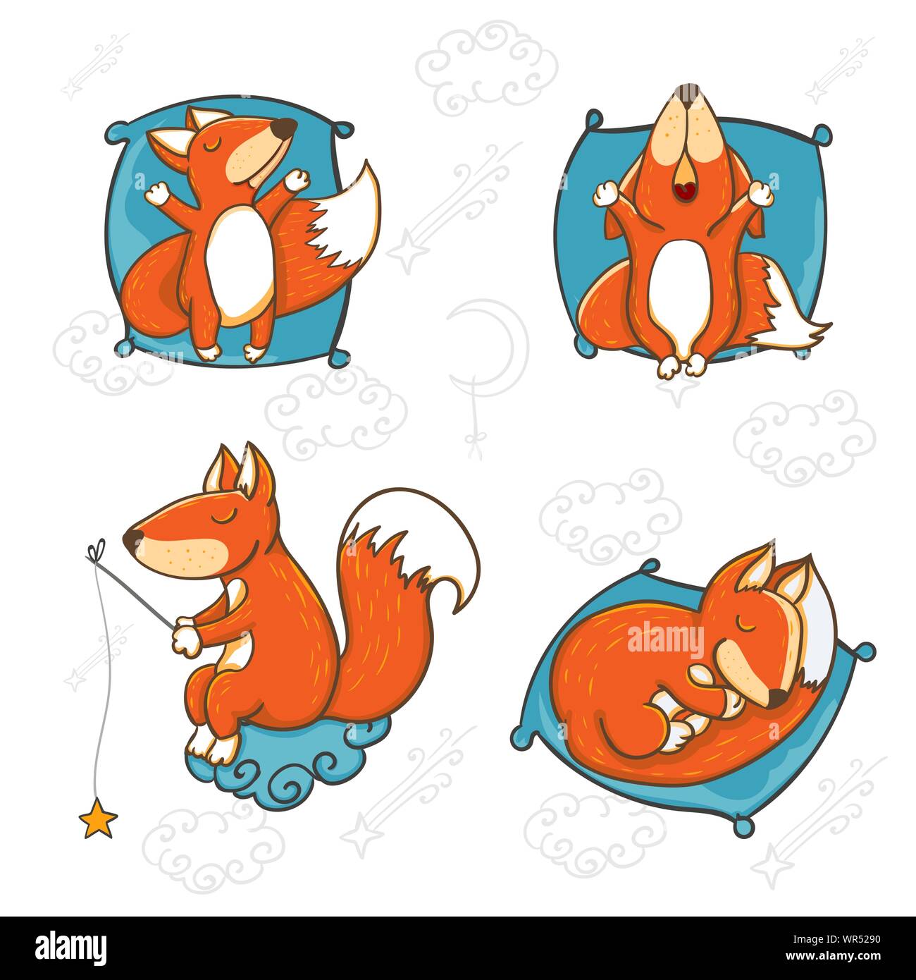 Vector in line style. Cute baby fox sleep or dreaming in cartoon style ...