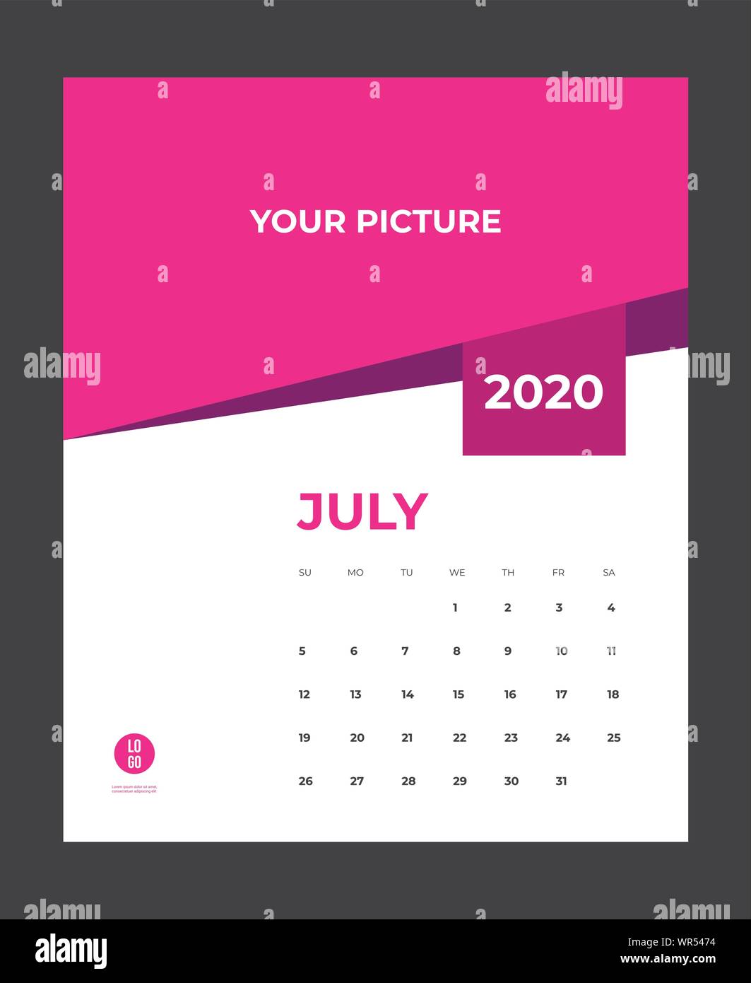 July - 2020 Calendar - illustration. Template. Mock up Week starts ...