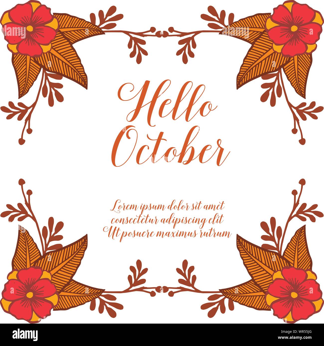 Handdrawn lettering of hello october, with modern colorful floral frame ...