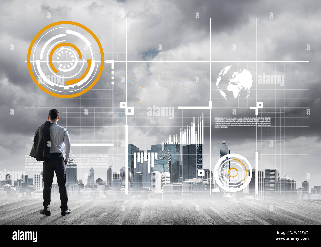 Back view of young businessman on city background with business icons ...