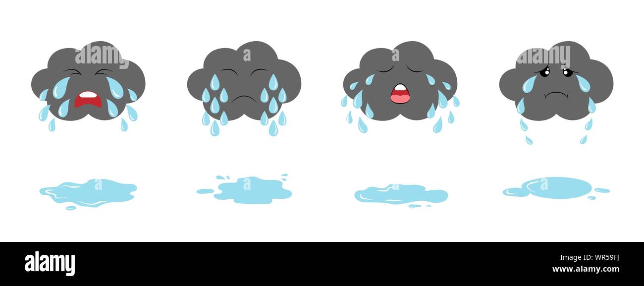 Set of dark crying clouds emoji and puddles. Fluffy rainy clouds. Cute ...