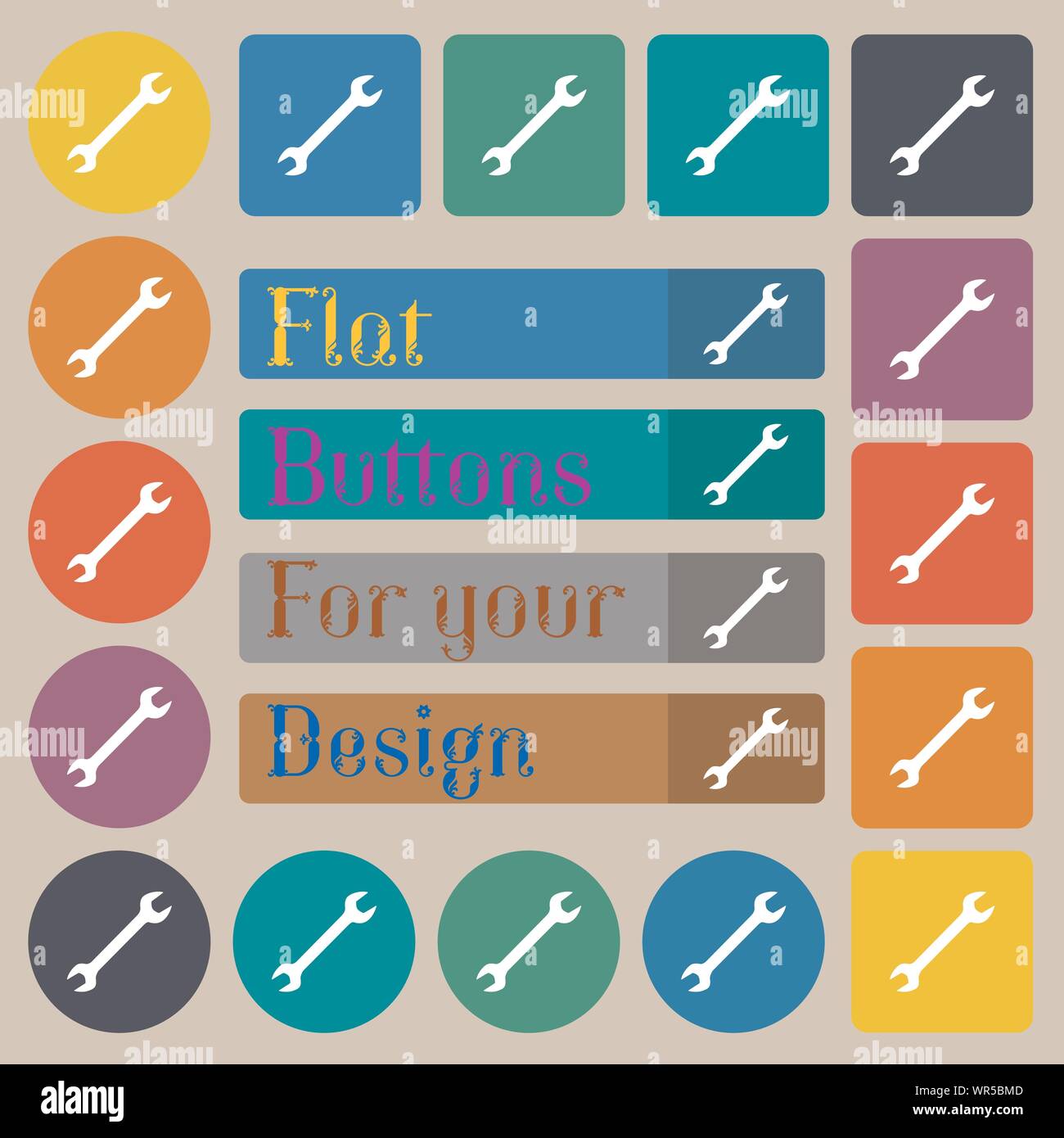 wrench icon sign. Set of twenty colored flat, round, square and ...