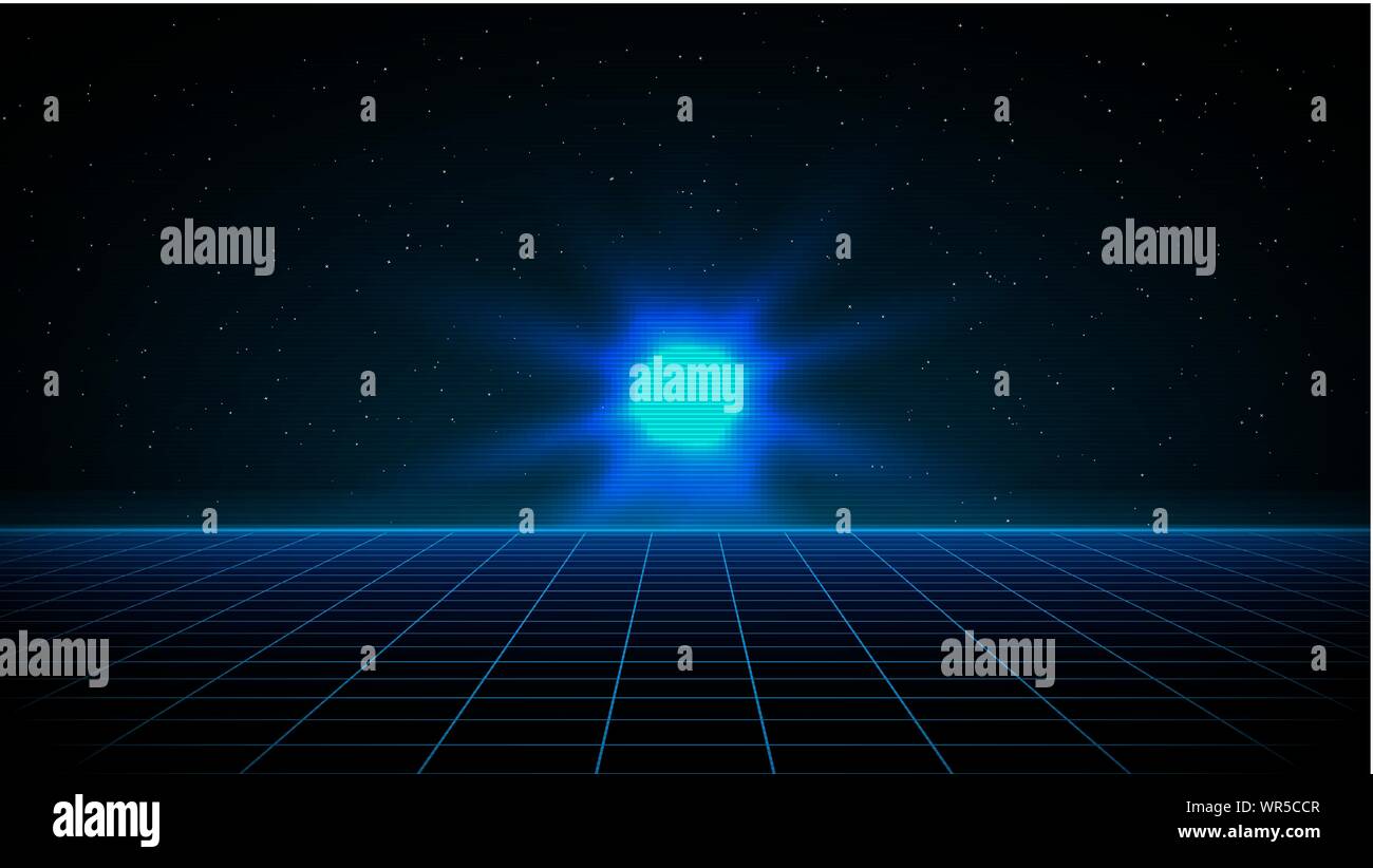 Retrowave synthwave vaporwave blue laser grid in starry space with ...