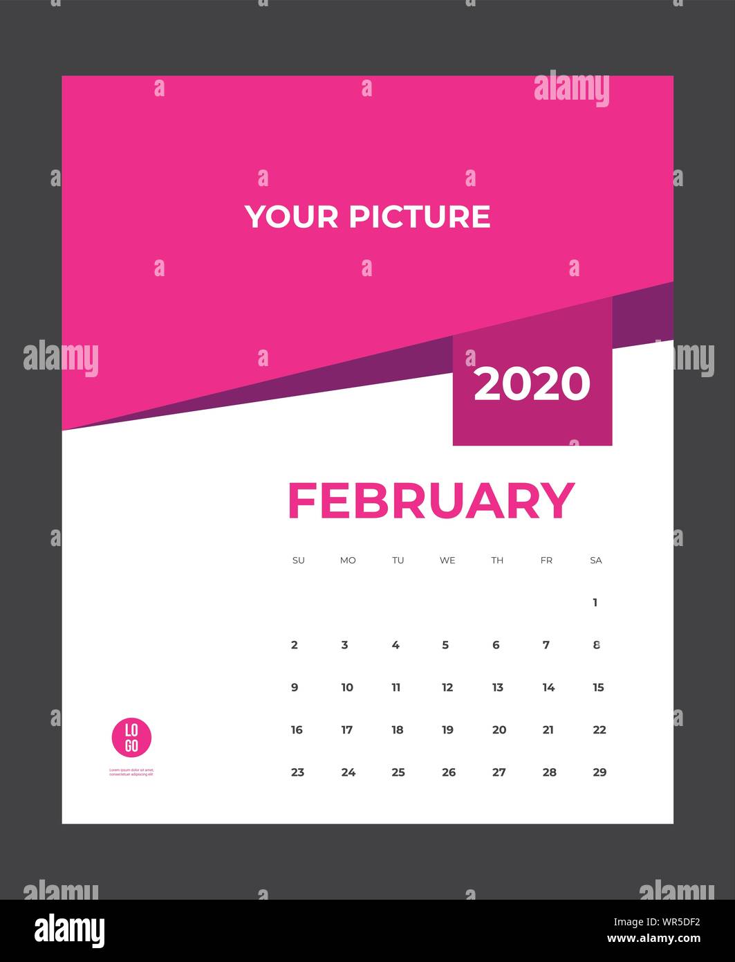 February - 2020 Calendar - illustration. Template. Mock up Week starts ...