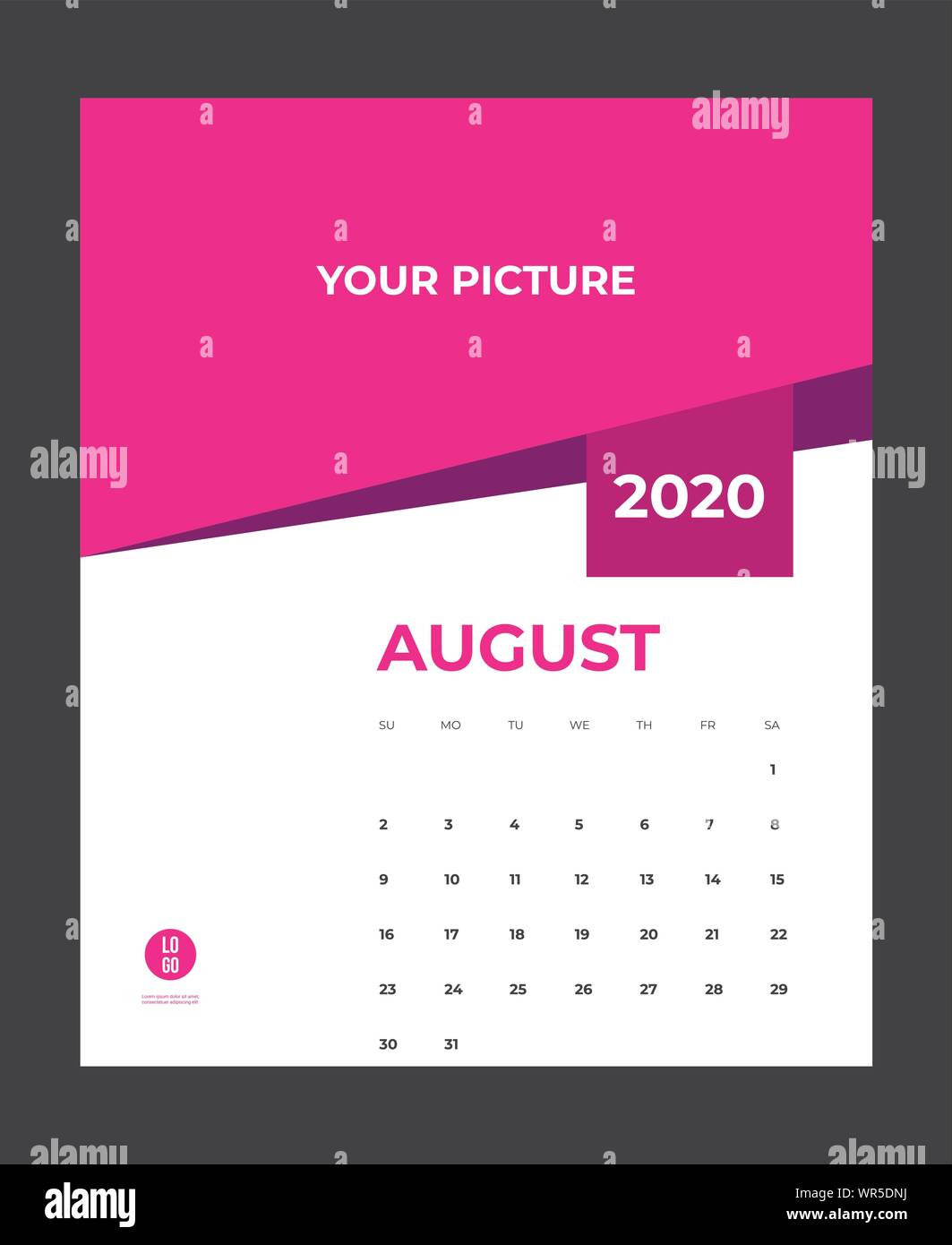 August - 2020 Calendar - illustration. Template. Mock up Week starts ...