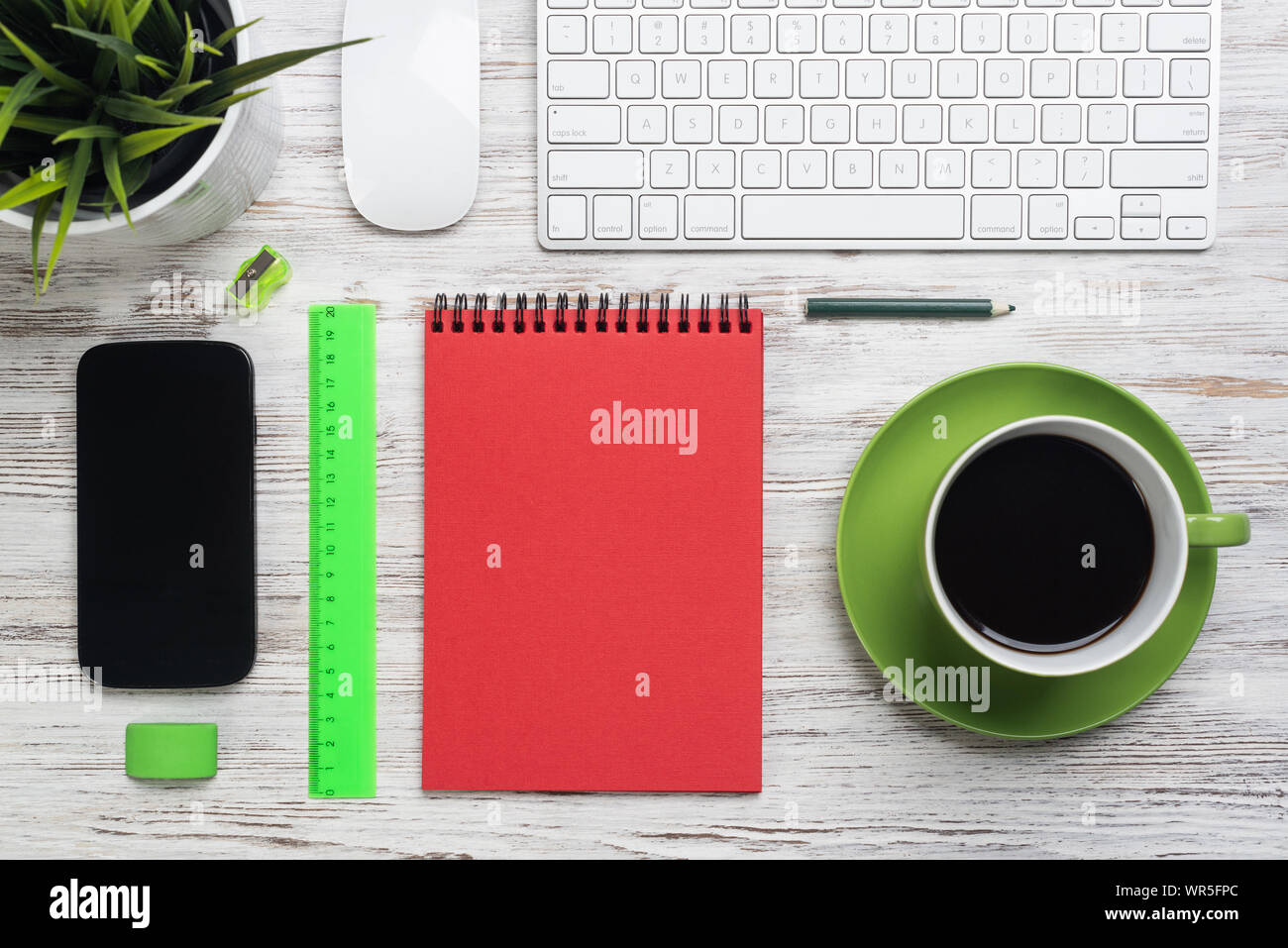 Top view modern office employee workspace. Coffee time at work. Flat ...