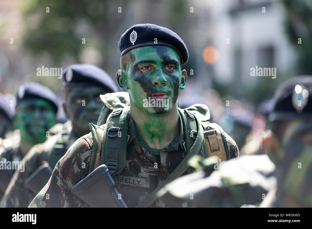 Curitiba, Brazil. 07th Sep, 2019. Soldiers with faces painted in ...