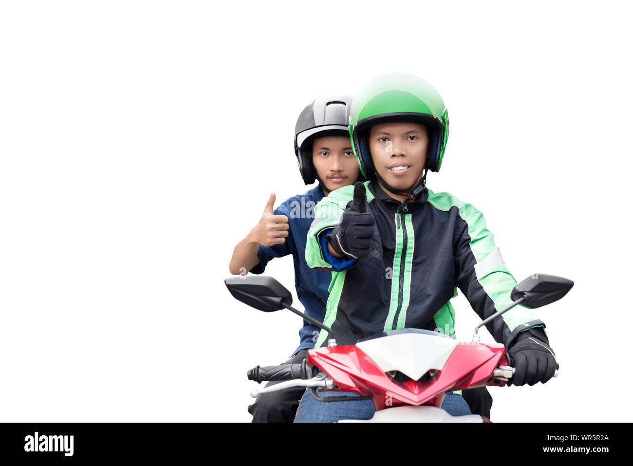 Asian motorcycle taxi man and his passenger showing thumbs up isolated ...