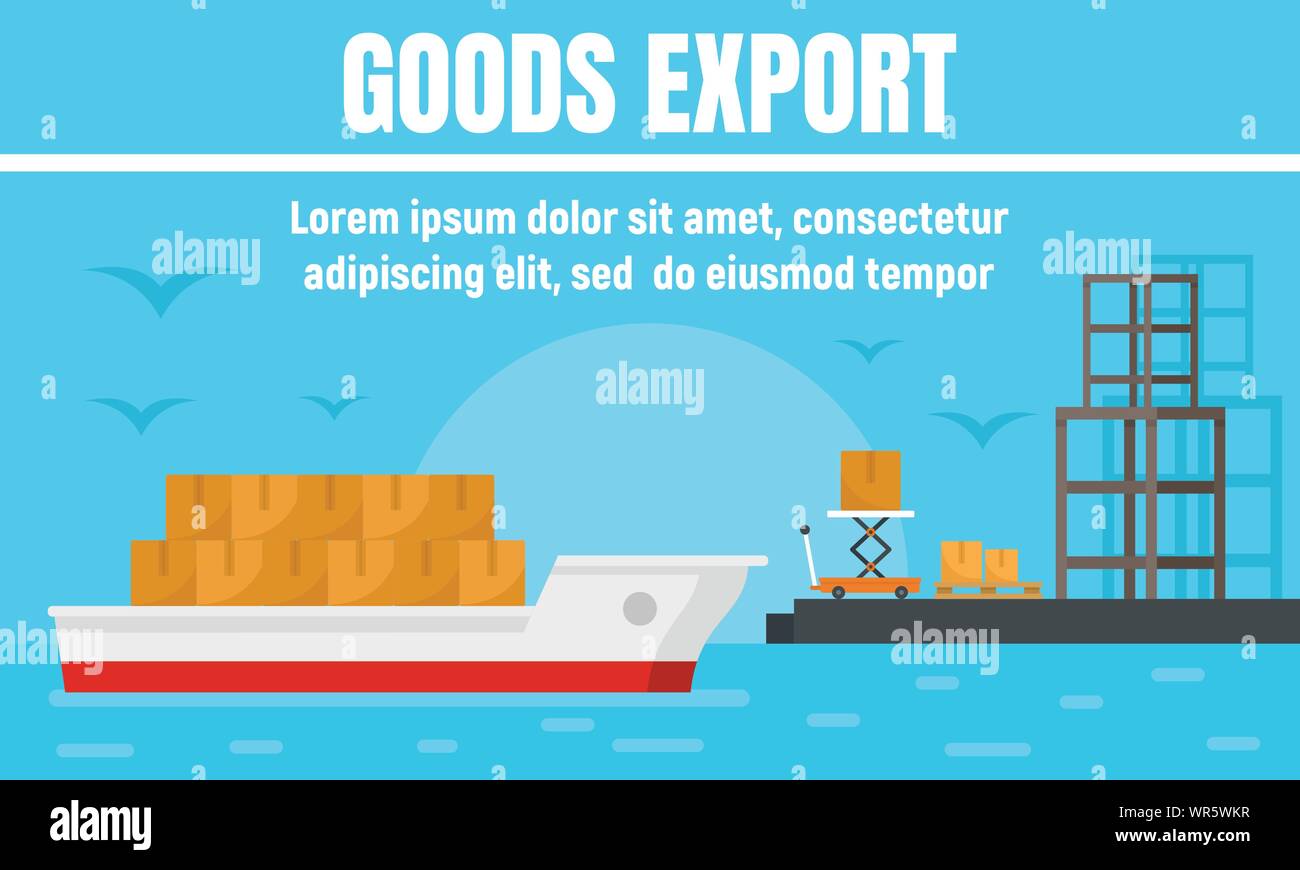 Port goods export concept banner. Flat illustration of port goods ...