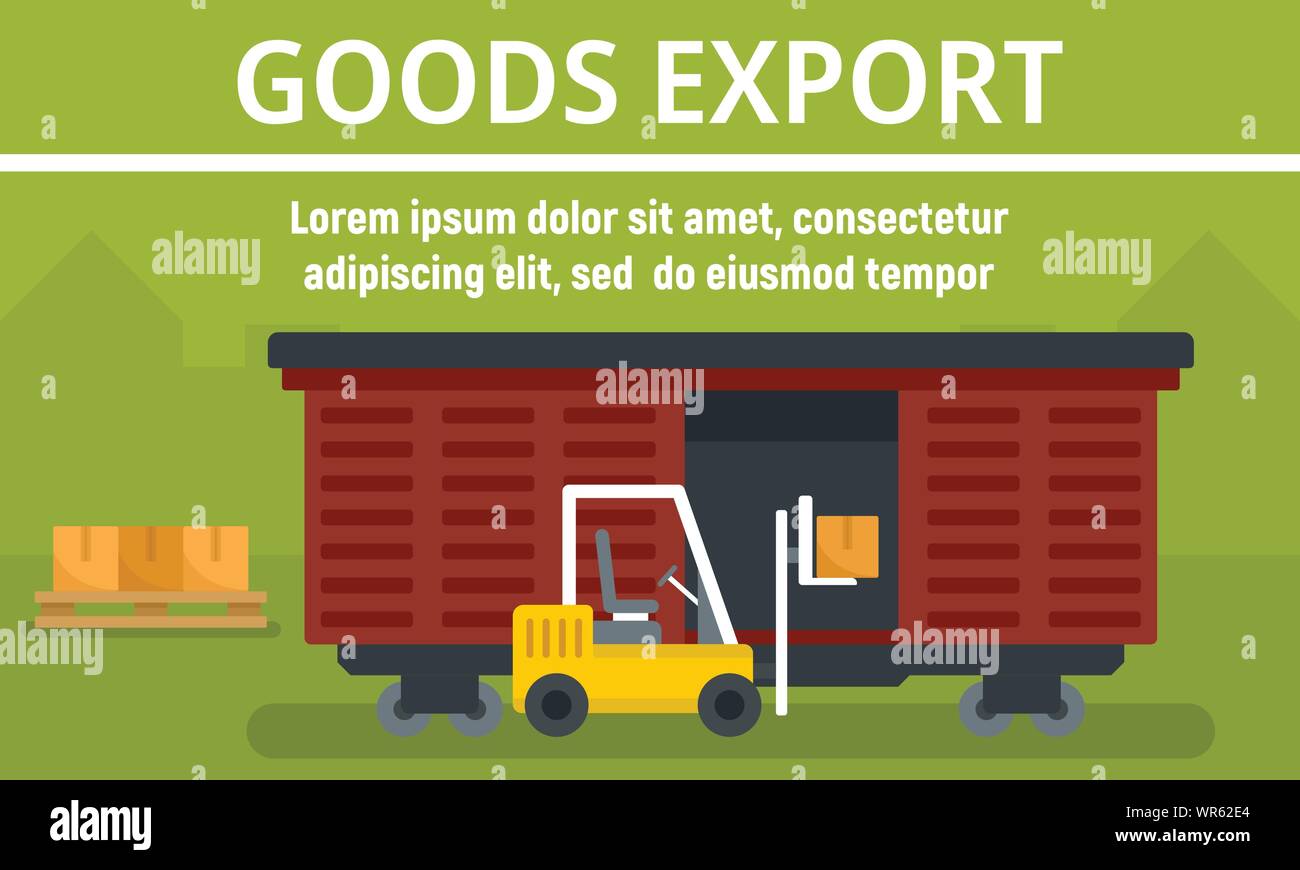 Wagon goods export concept banner. Flat illustration of wagon goods ...