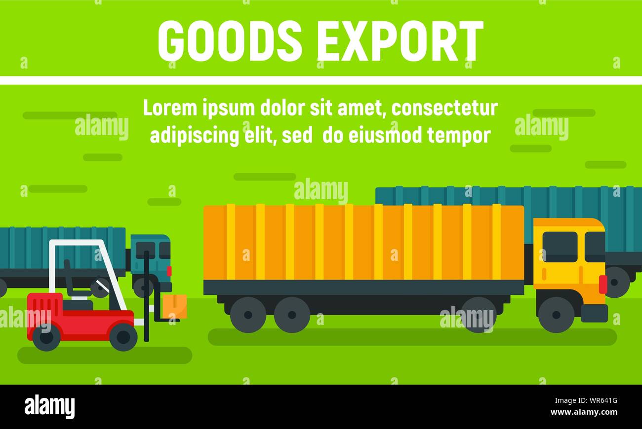 Truck goods export concept banner. Flat illustration of truck goods ...